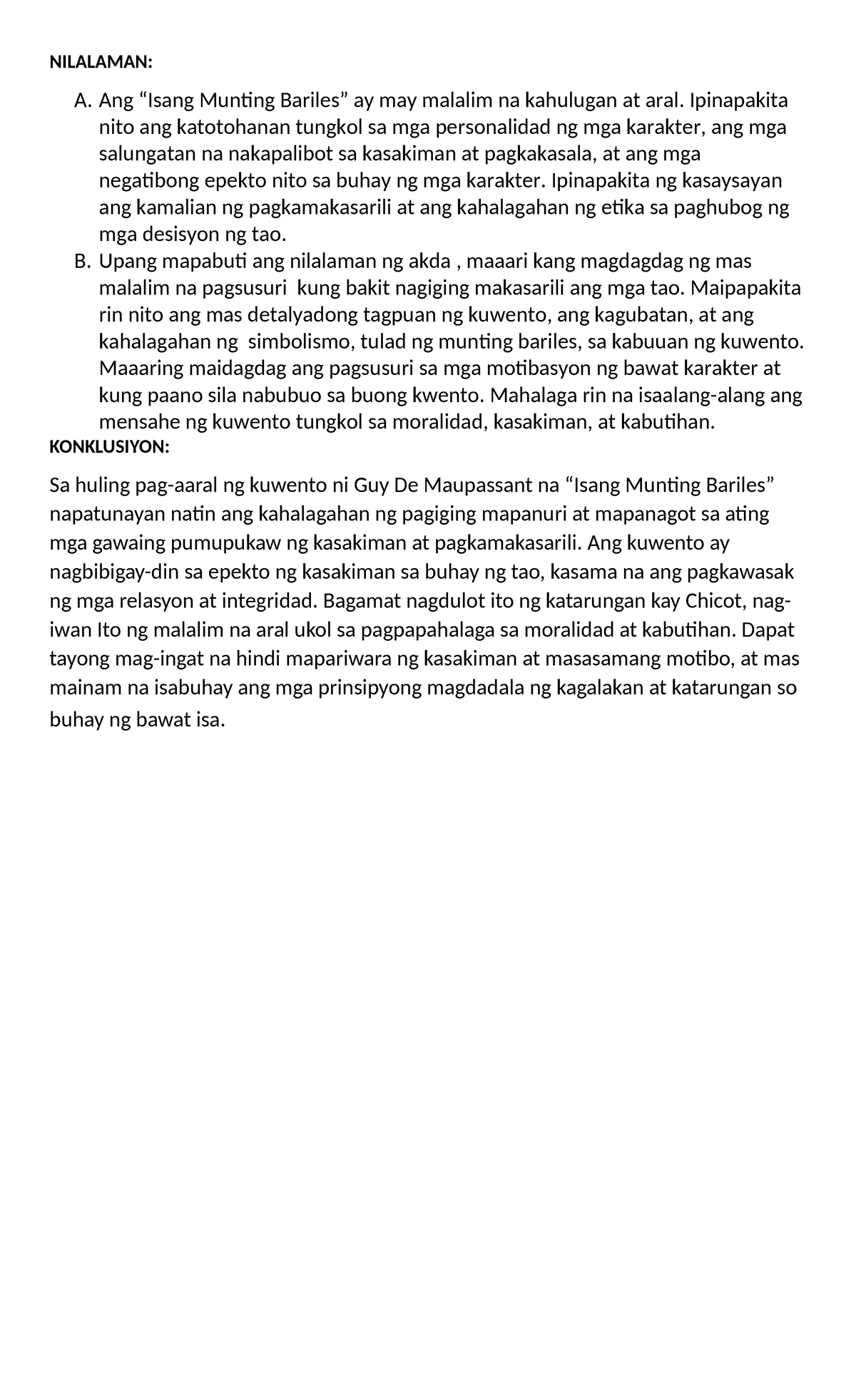 Nilalaman AT Konklusiyon - NILALAMAN: A. Ang “Isang Munting Bariles” ay ...