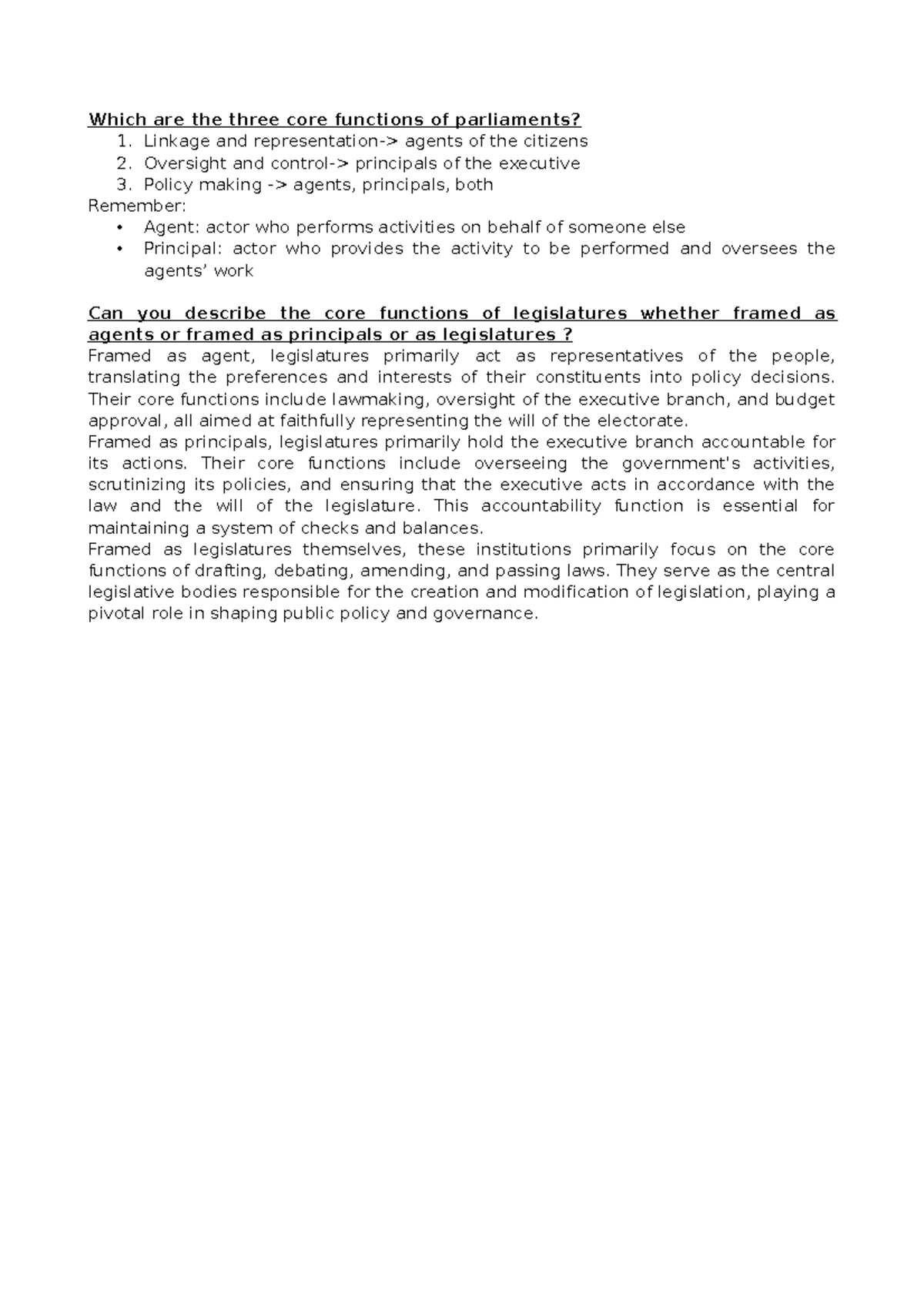 Questions parliament - Which are the three core functions of ...