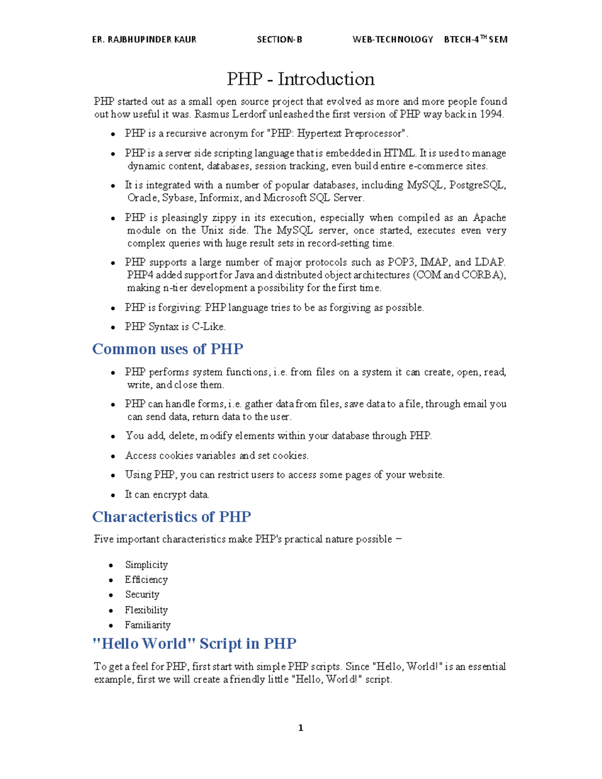 Wtnotes Sectionb Notes Php Introduction Php Started Out As A Small Open Source Project