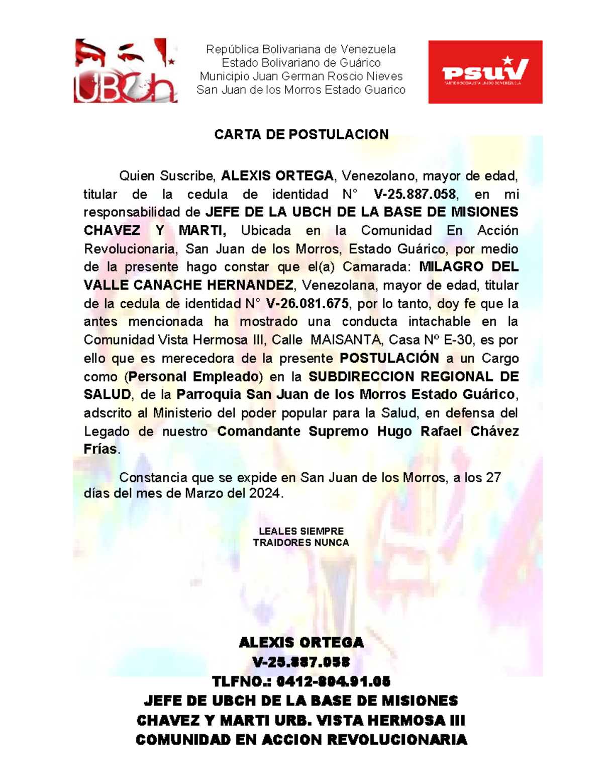 Carta DE Postulacion UBCH Chavez Y Marti - República Bolivariana de ...