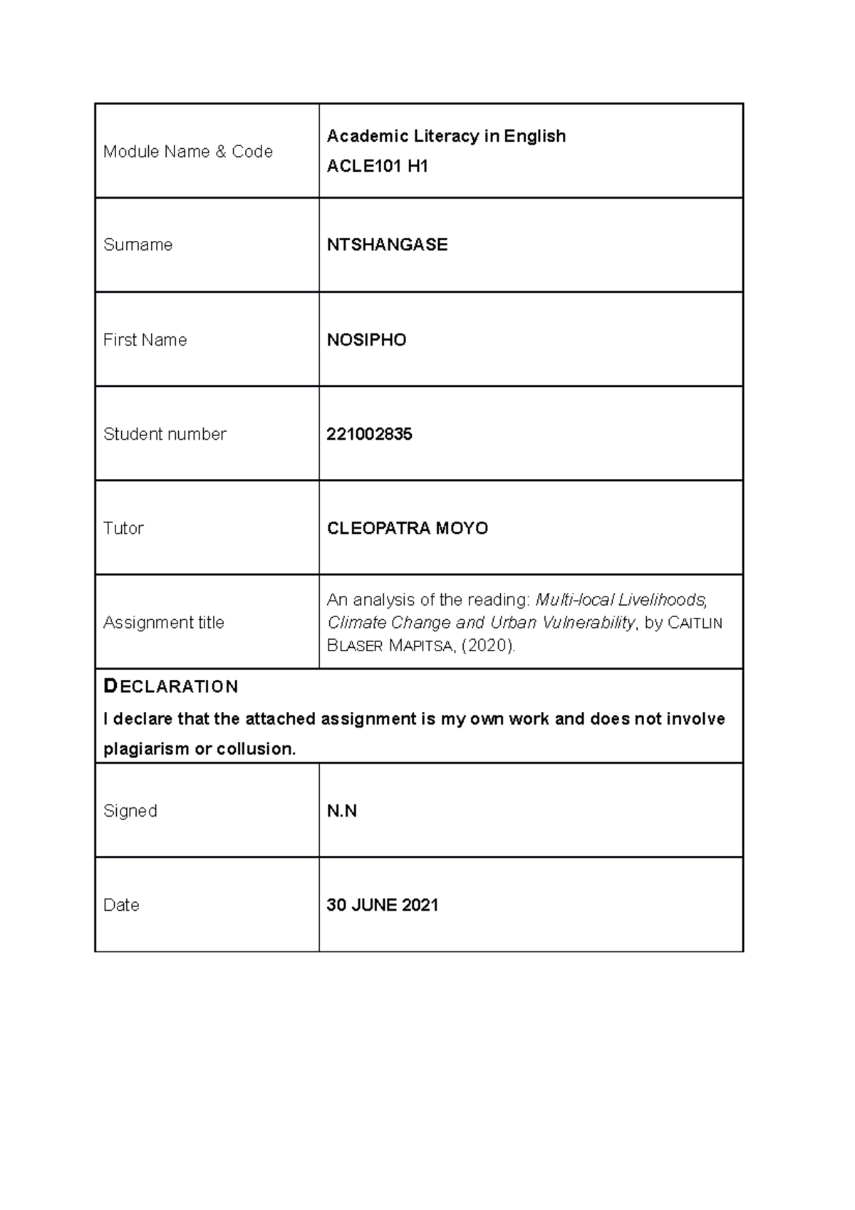 ACLE Final Essay - ACLE - Module Name & Code Academic Literacy in ...