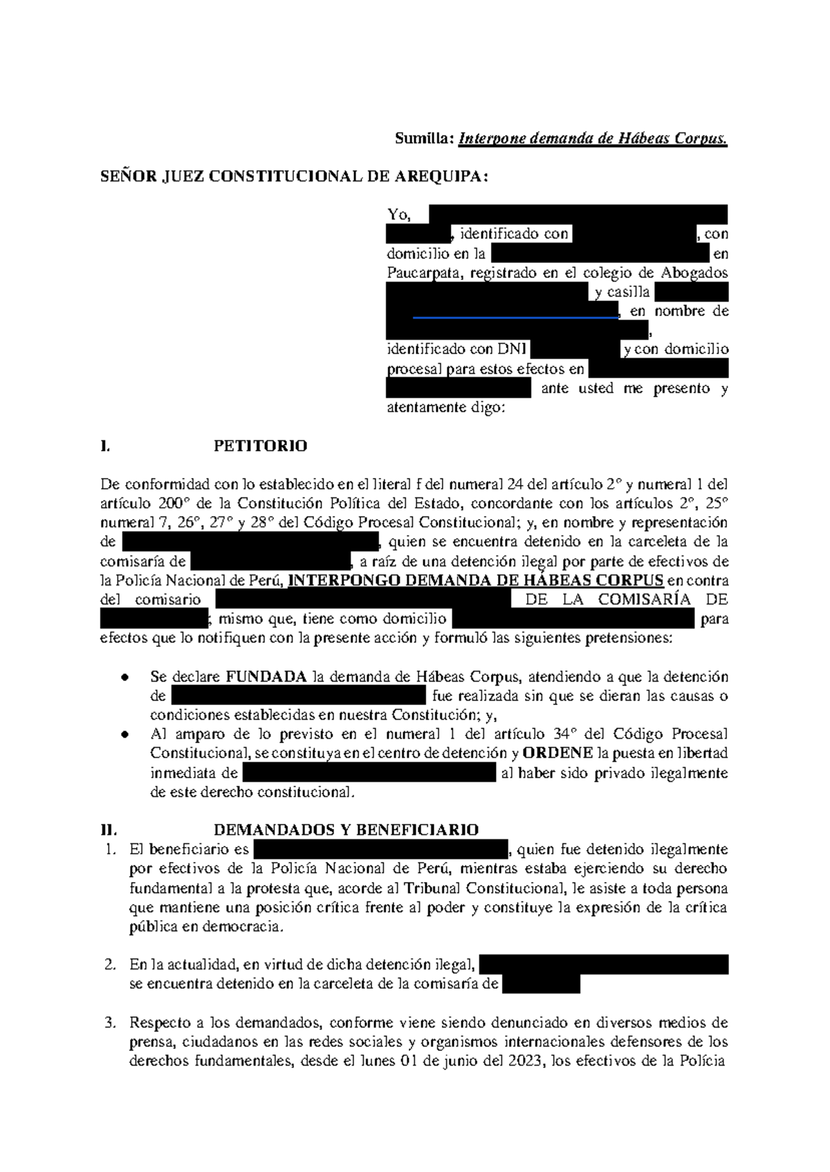 Demanda de Hábeas Corpus - SEÑOR JUEZ CONSTITUCIONAL DE AREQUIPA: Yo ...