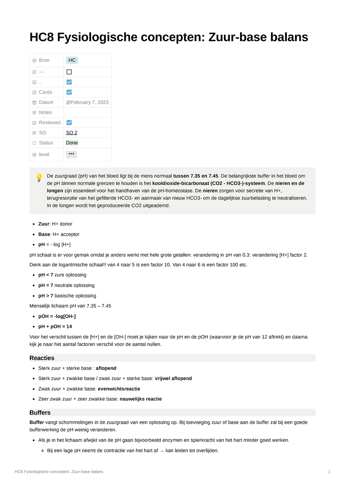 HC8 Fysiologische concepten Zuur-base balans - . Cards Datum Notes ...