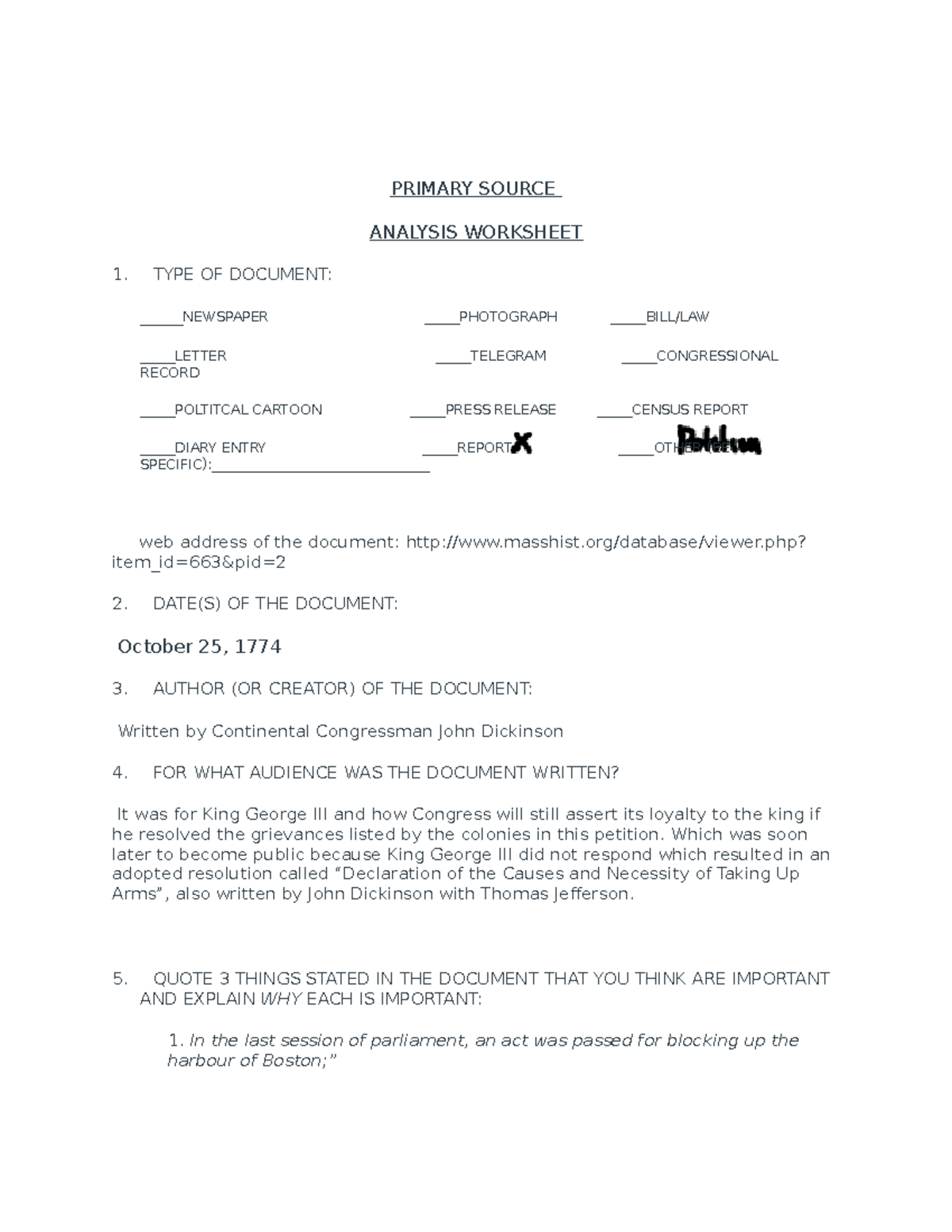 Primary Source Assignment #1 - PRIMARY SOURCE ANALYSIS WORKSHEET 1 ...