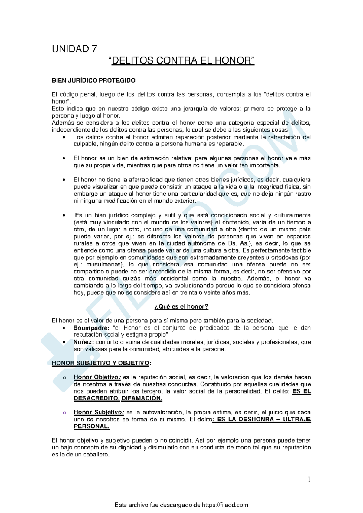 Delitos Contra EL Honor derecho penal - 1 UNIDAD 7 “DELITOS CONTRA EL HONOR” BIEN JURÍDICO ...