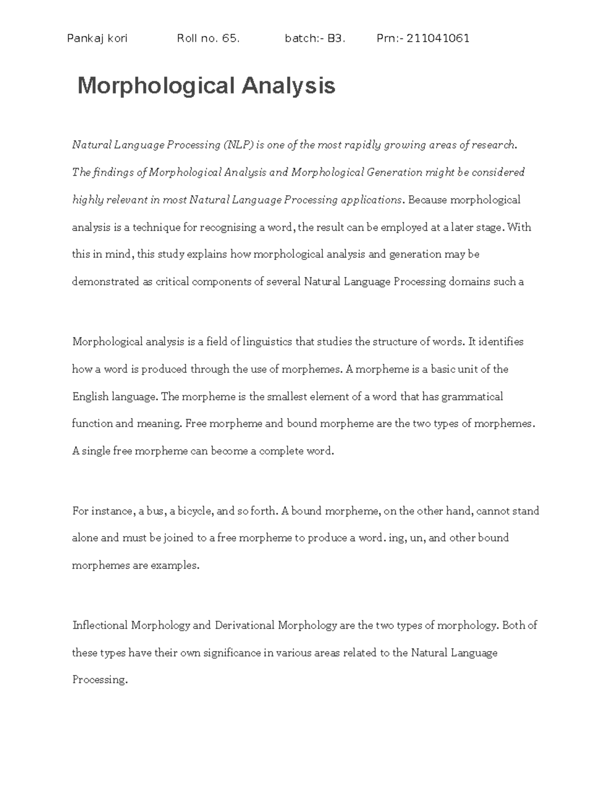 Exp 4 Nlp Nlp Experiment Morphological Analysis Natural Language Processing Nlp Is One Of