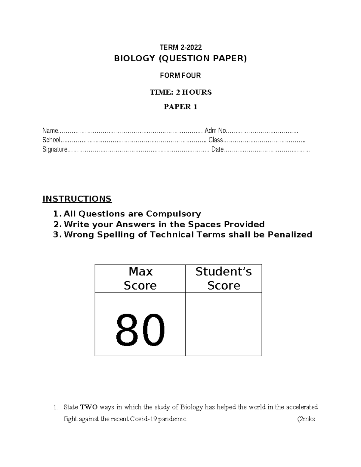 BIO-P1-Q - Work hard BIOLOGY PAPER 1 - TERM 2- BIOLOGY (QUESTION PAPER ...