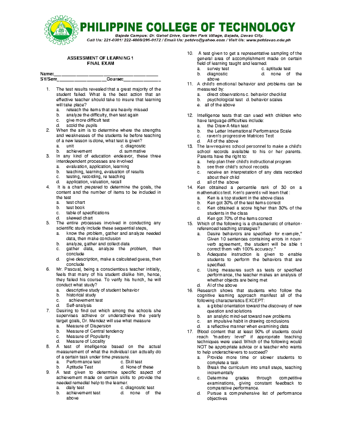 Assessment OF Learning 1 Final EXAM - ASSESSMENT OF LEARNING 1 FINAL ...