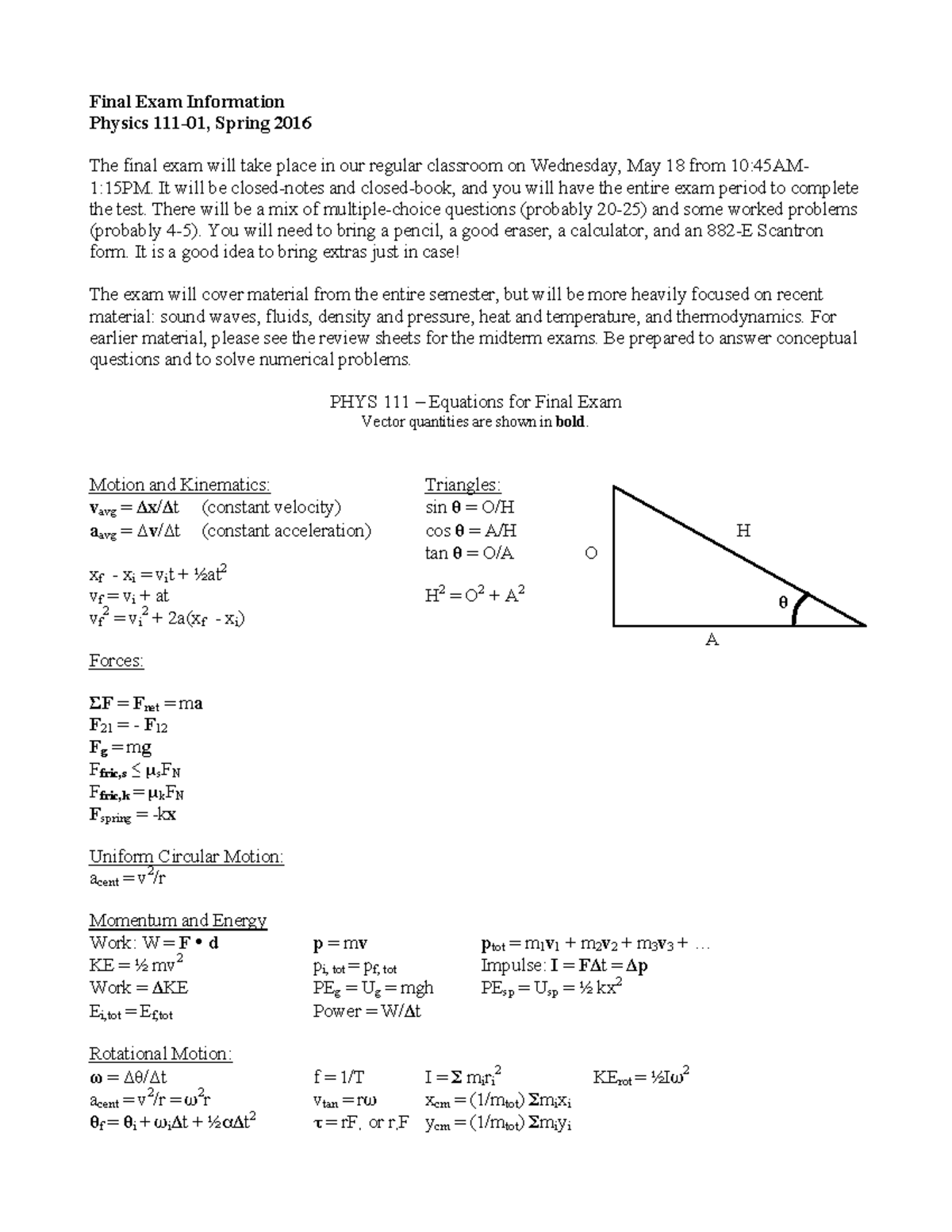 Phys111S16Final Topics - Final Exam Information Physics 111-01, Spring ...
