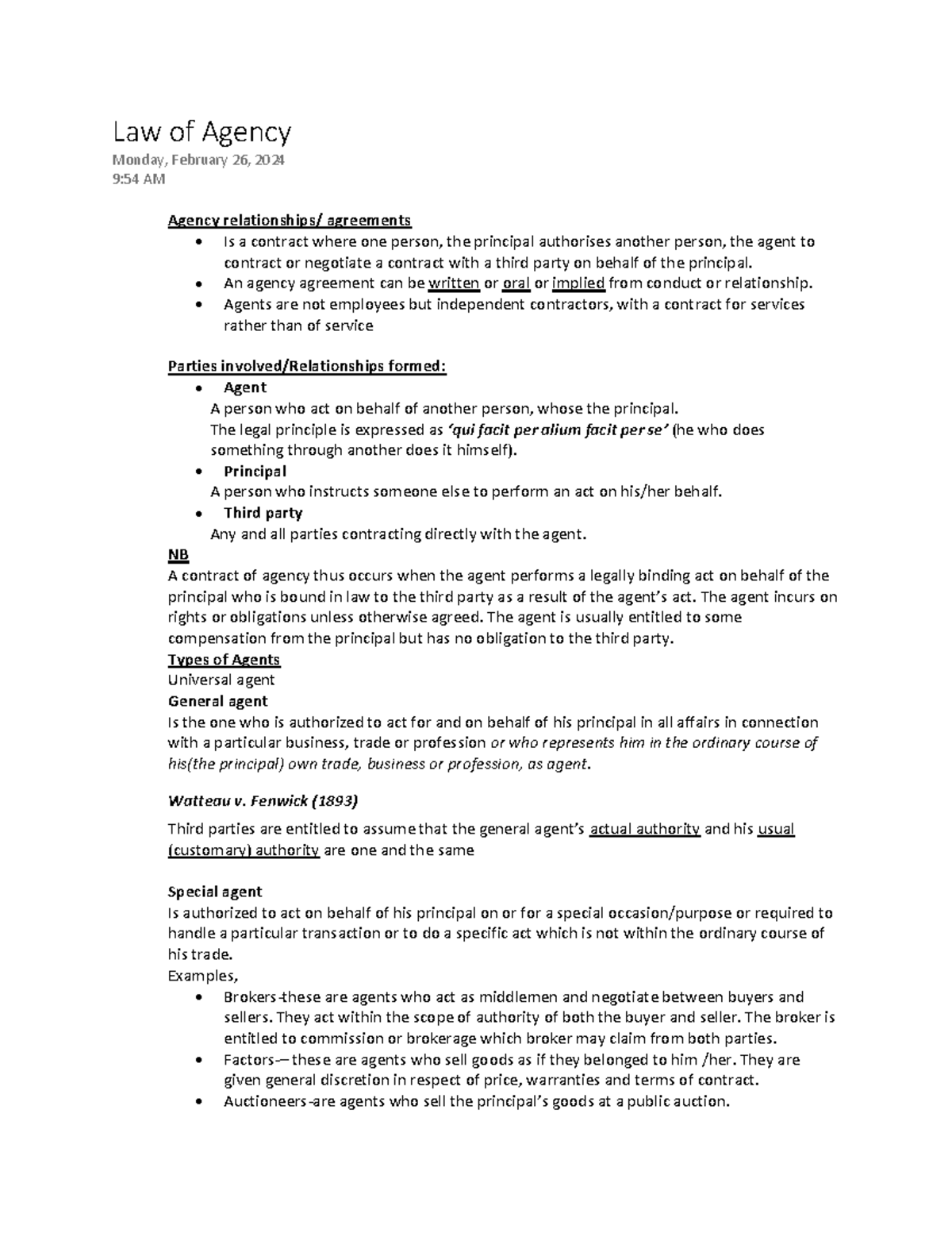 Law of Agency - includes case laws - Law of Agency Monday, February 26 ...