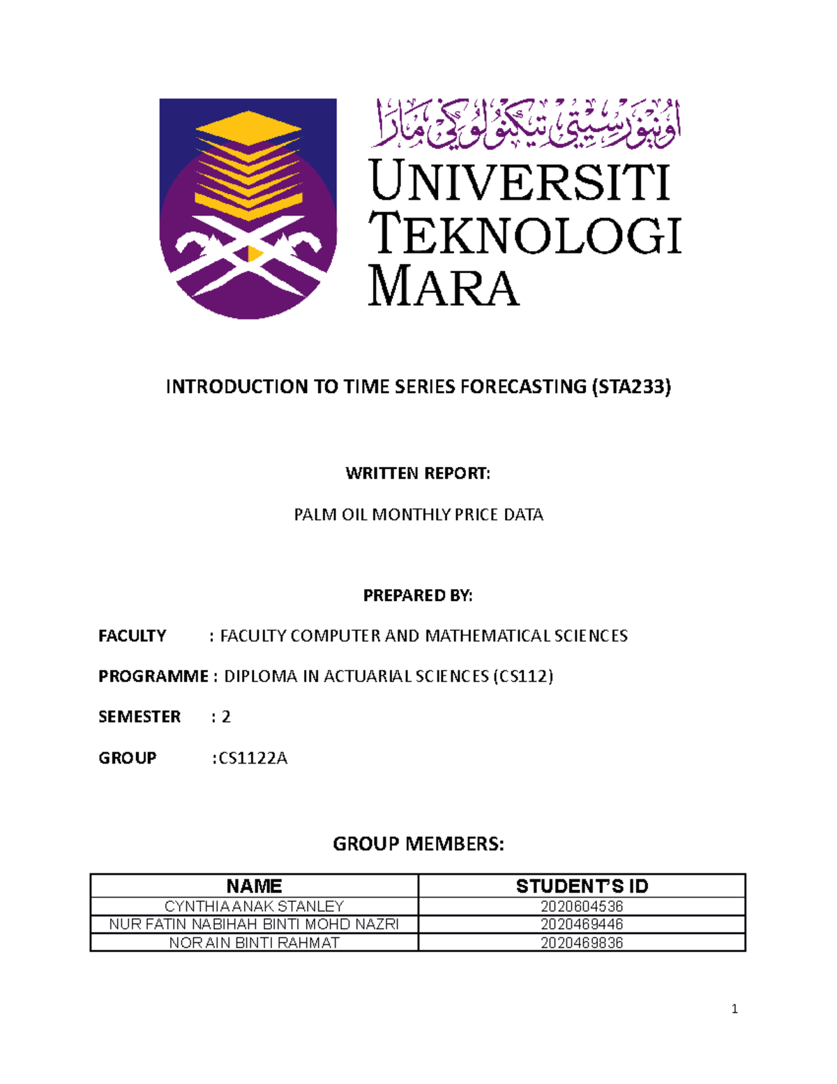 STA 233 Report ASSESMENT 2 PART 2 STATISTIC - INTRODUCTION TO TIME ...