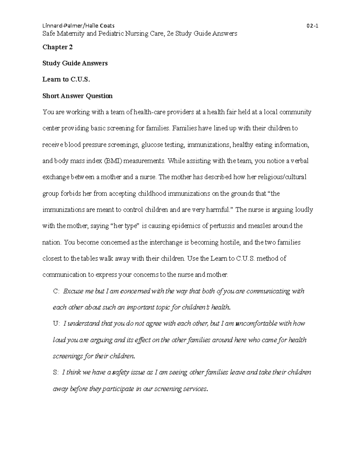 Ch. 2 Study guide answers - Safe Maternity and Pediatric Nursing Care ...