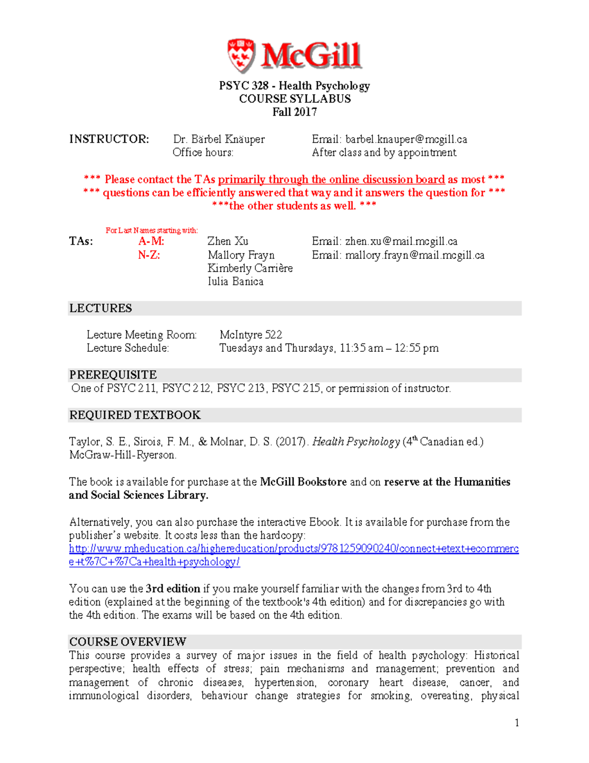 Health Psych Course Outline 2017 - PSYC 328 - Health Psychology COURSE ...