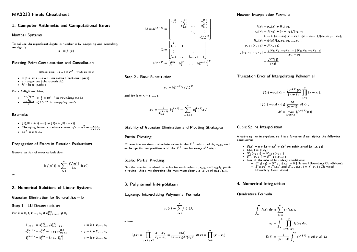 Numerical Methods Formula Sheet Numerical Analysis Partial Differential