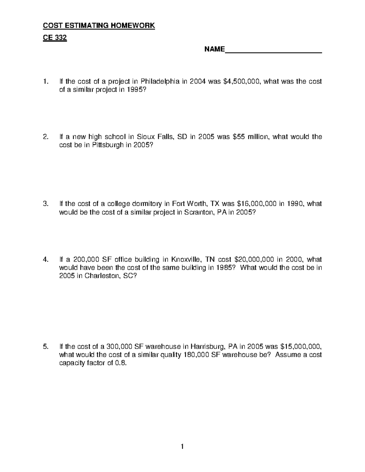 CE 332 Cost Estimating Homework - COST ESTIMATING HOMEWORK CE 332 NAME ...