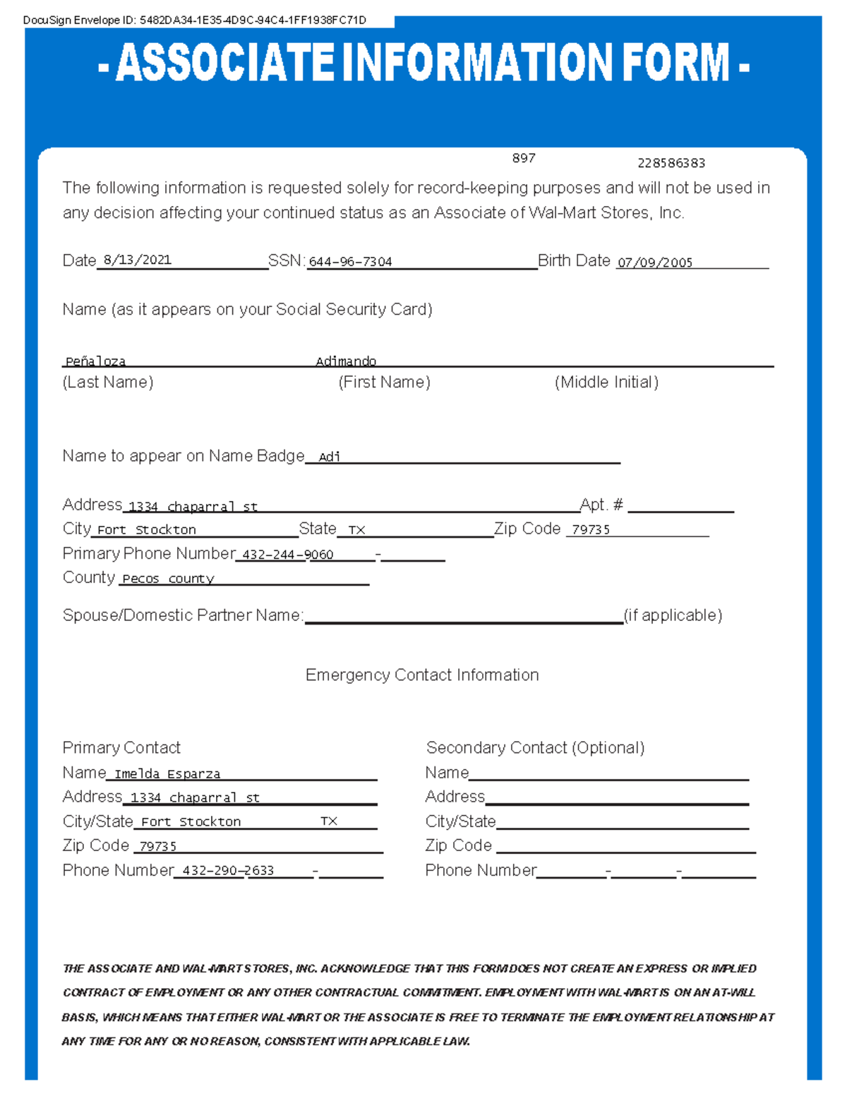 Please sign the Walmart General Packet Adima - ASSOCIATE INFORMATION ...