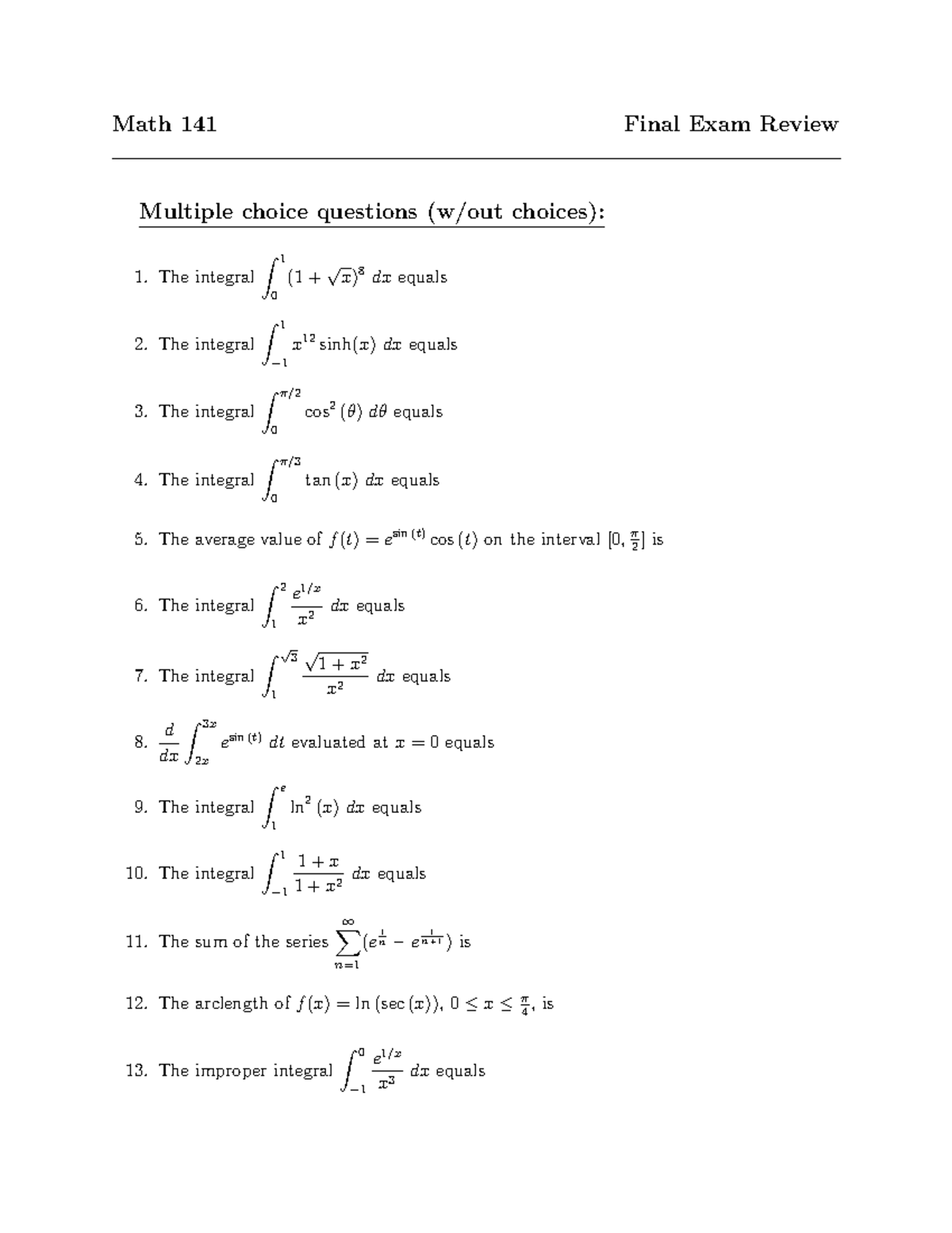 Math 141 Exam Review - Math 141 Final Exam Review Multiple choice ...