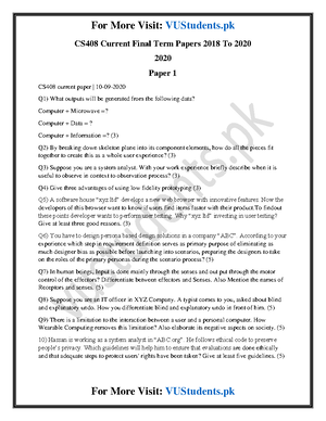 CS408 Final Term MCQs By Arslan vu students - Solved MCQ(S) From FinalTerm Papers BY Arslan Jan ...