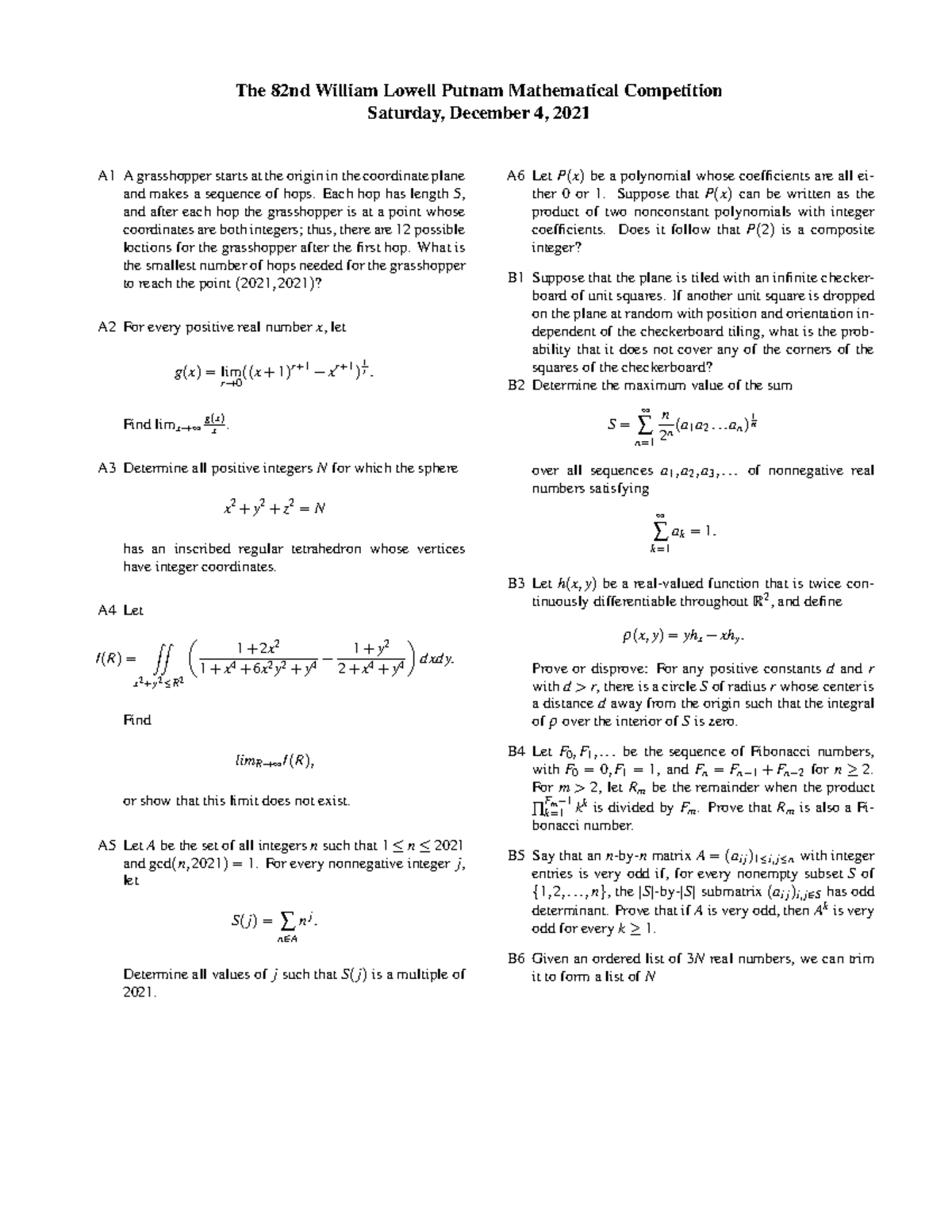 2021 Putnam - nhmhj,hgk - The 82nd William Lowell Putnam Mathematical ...