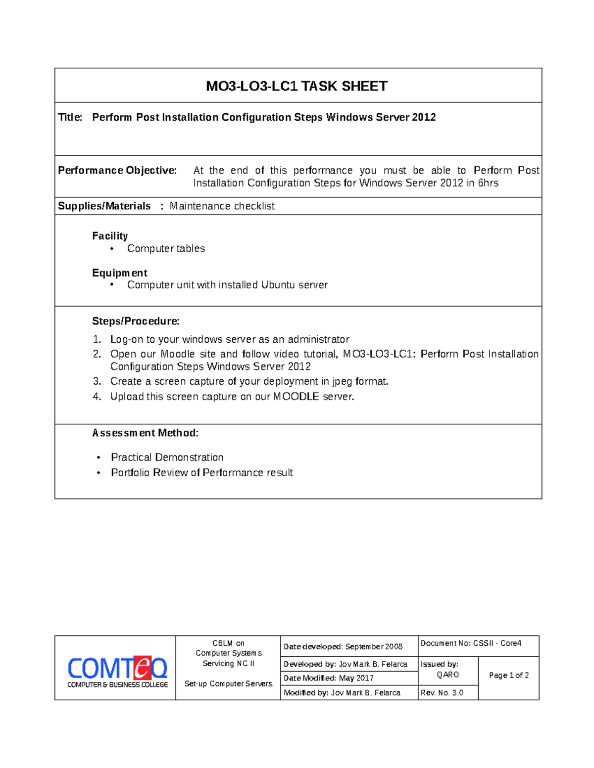 MO3-LO3-LC1 TASK Sheet - MO3-LO3-LC1 TASK SHEET Title: Perform Post Installation Configuration ...