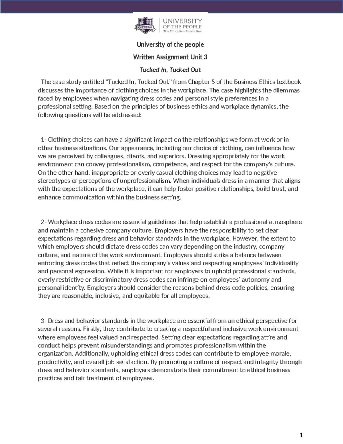 Written Assignment Unit 3 - University of the people Written Assignment Unit 3 Tucked In, Tucked ...