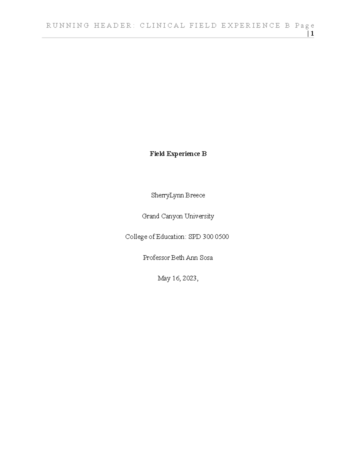 SPD 300 0500 T5 Field Experience B for Sherry Lynn Breece - | 1 Field ...