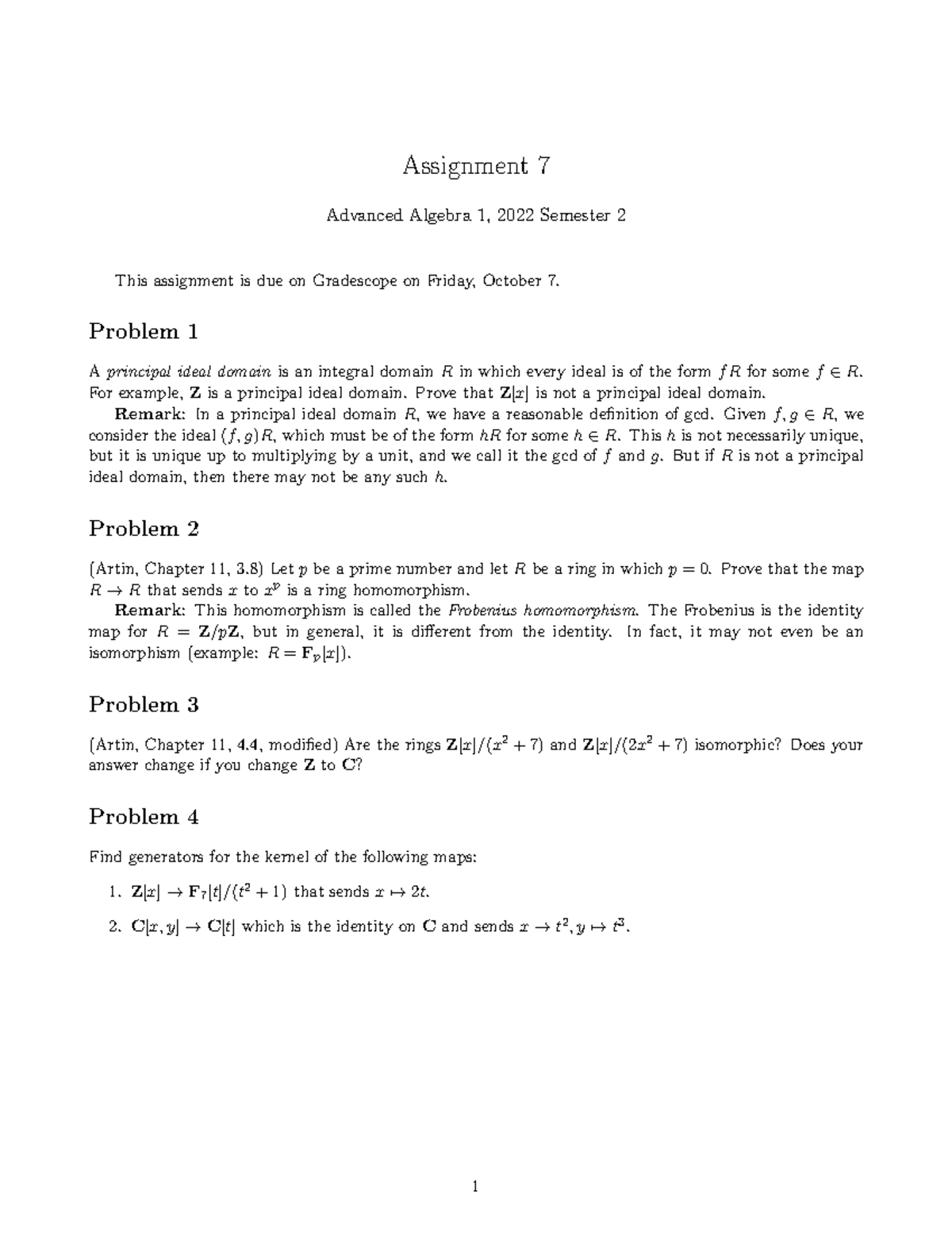 Homework Week 7 - Assignment 7 Advanced Algebra 1, 2022 Semester 2 This ...