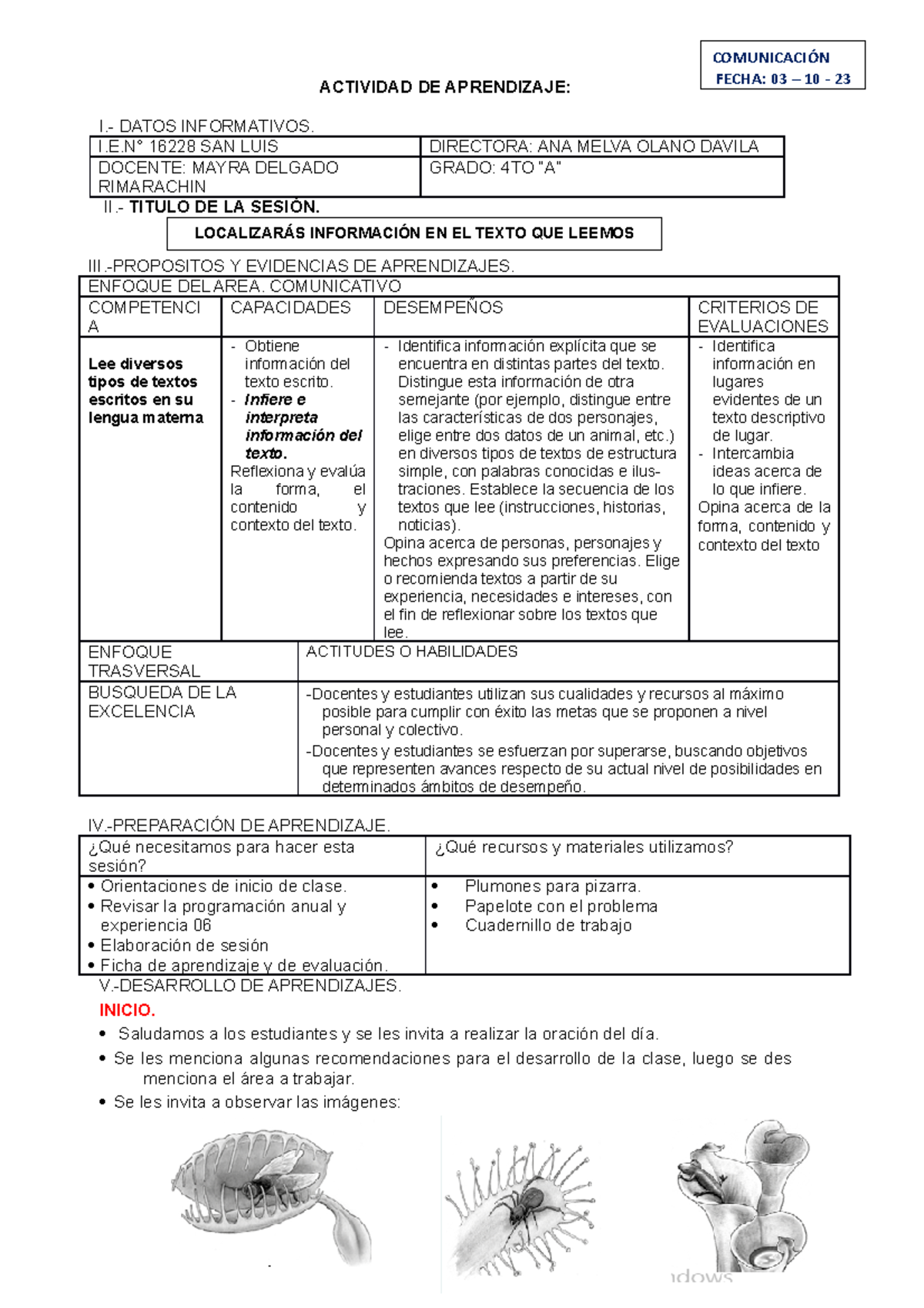LEE Texto Plantas Carnivoras - ACTIVIDAD DE APRENDIZAJE: I.- DATOS ...