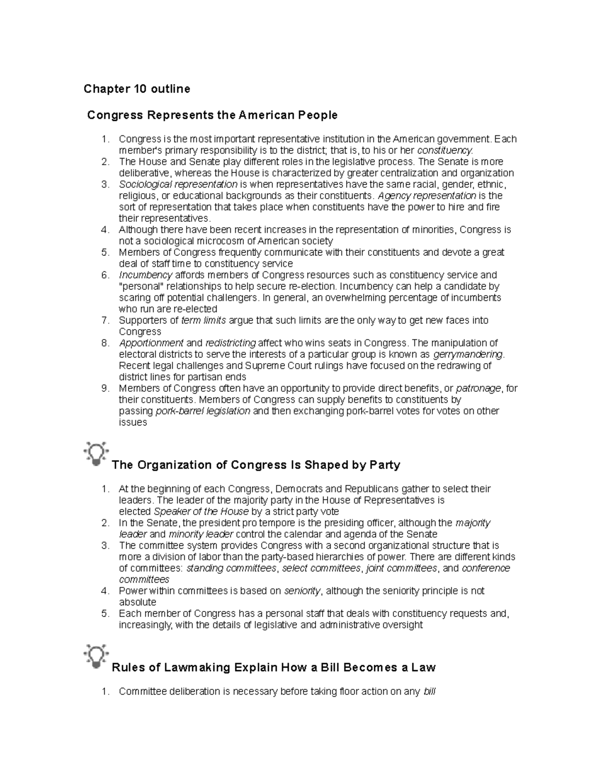 Chapter 10-13 main ideas - Chapter 10 outline Congress Represents the ...