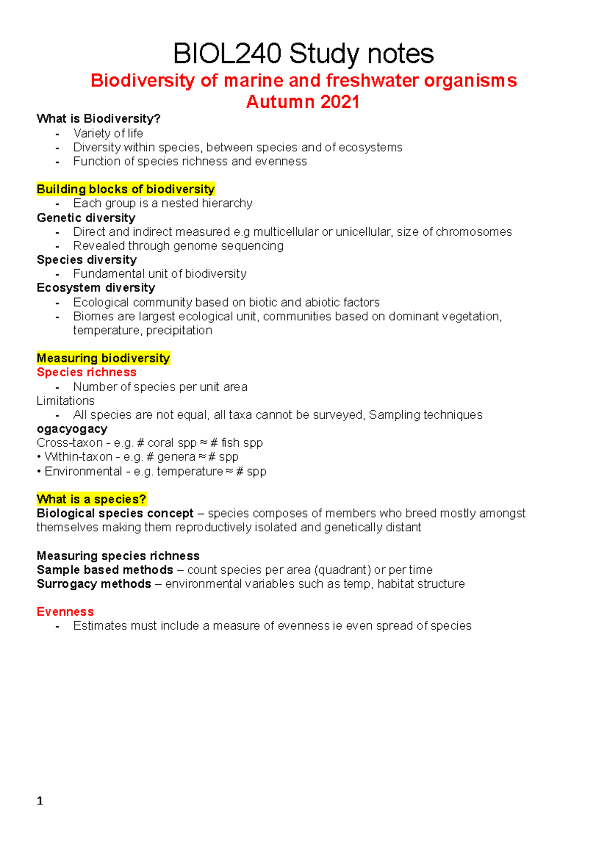 BIOL240 Study notes - BIOL240 Study notes Biodiversity of marine and ...
