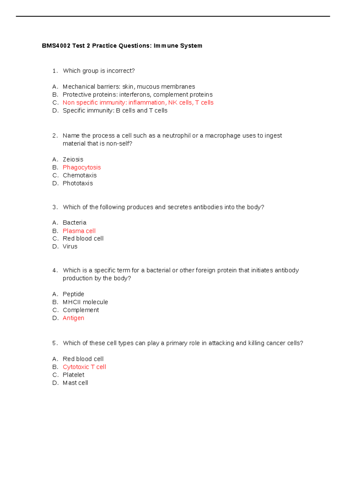 BMS4002 Immune system practice questions with answers - BMS4002 Test 2 ...