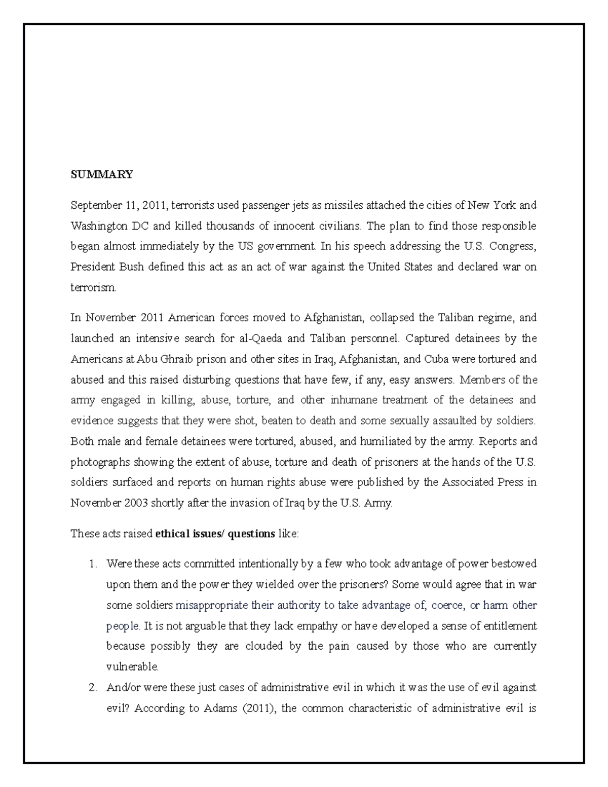 Ethics presentation - SUMMARY September 11, 2011, terrorists used ...