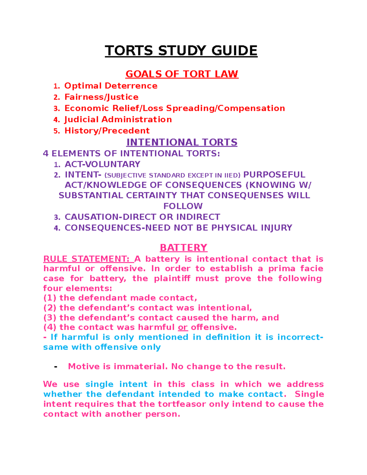 Torts Final Study Guide - TORTS STUDY GUIDE GOALS OF TORT LAW 1 ...