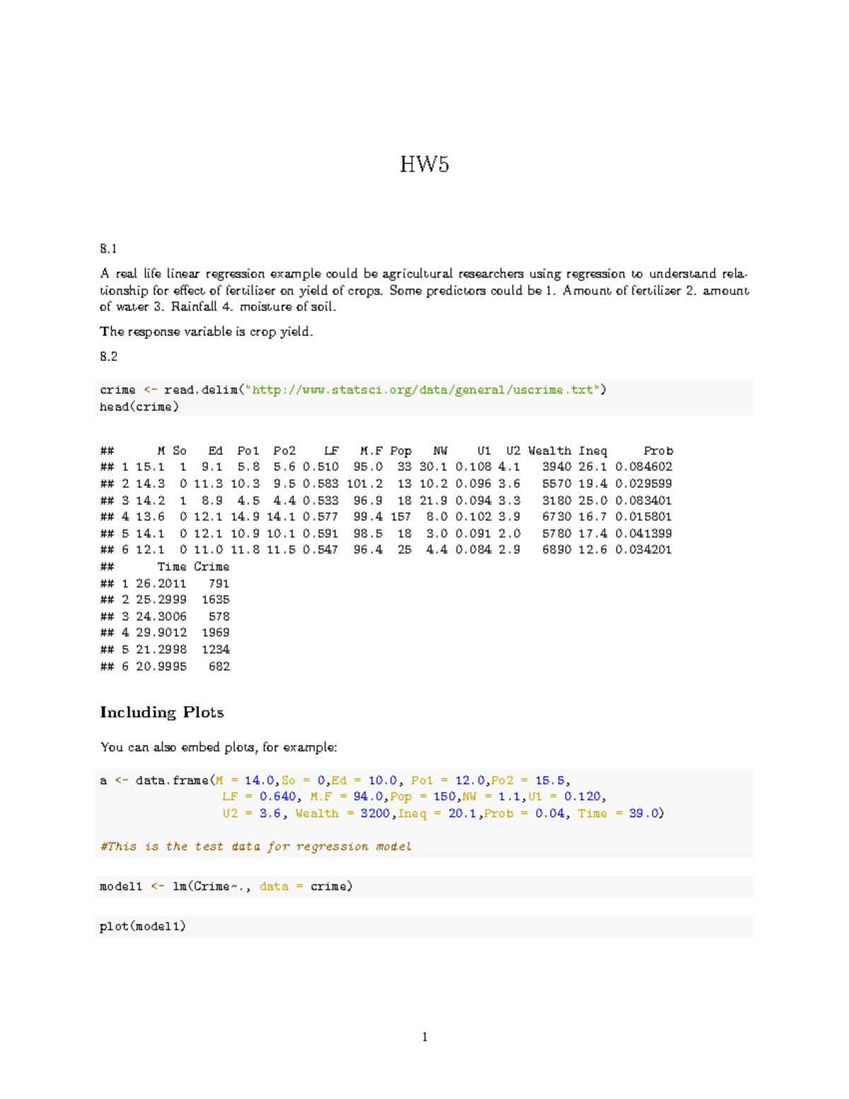 HW5 - Hw 5 - HW 8. A real life linear regression example could be agricultural researchers using ...