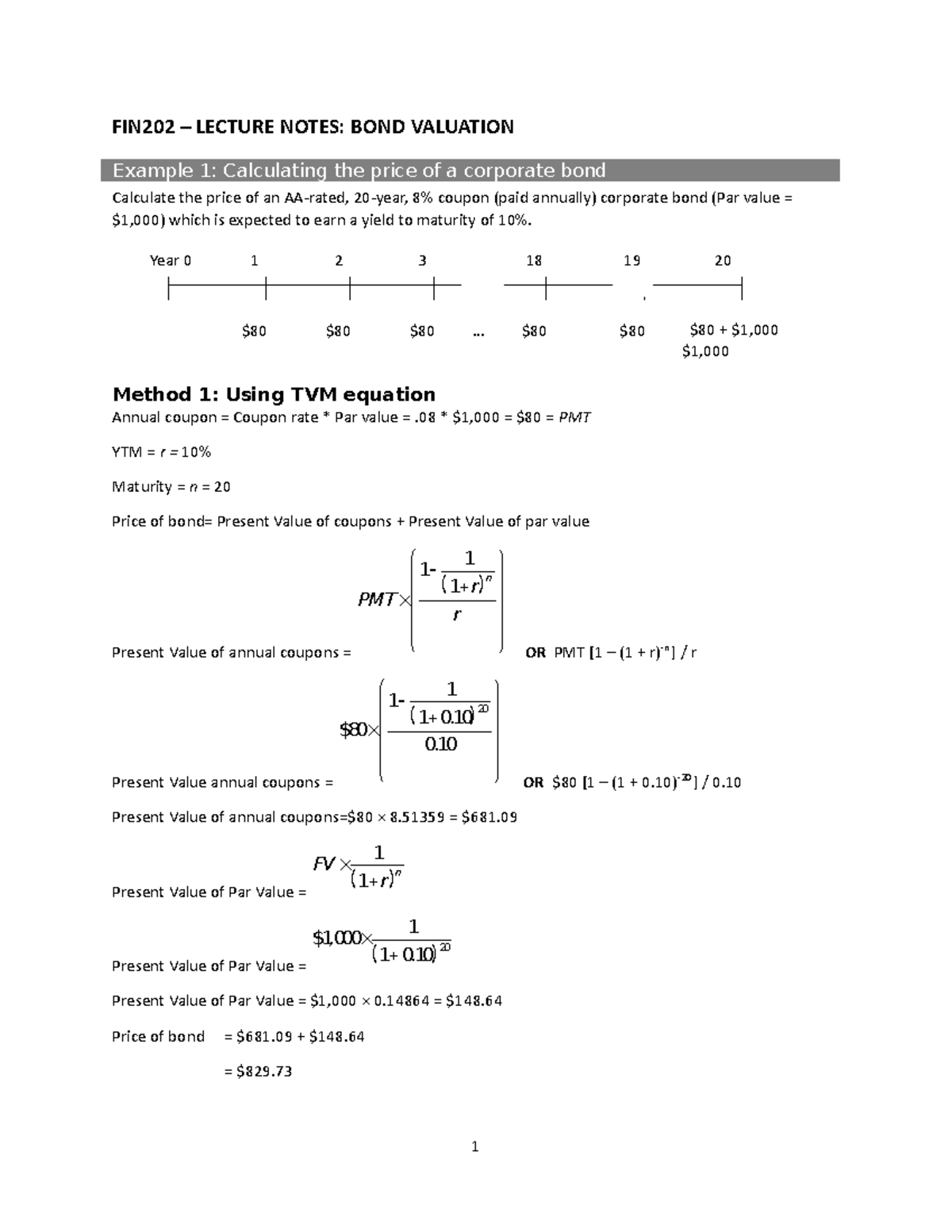 FIN202 - Valuation of bonds - Year 0 1 $ 2 $ 3 $ 20 $80 + $1, $1, 18 ...