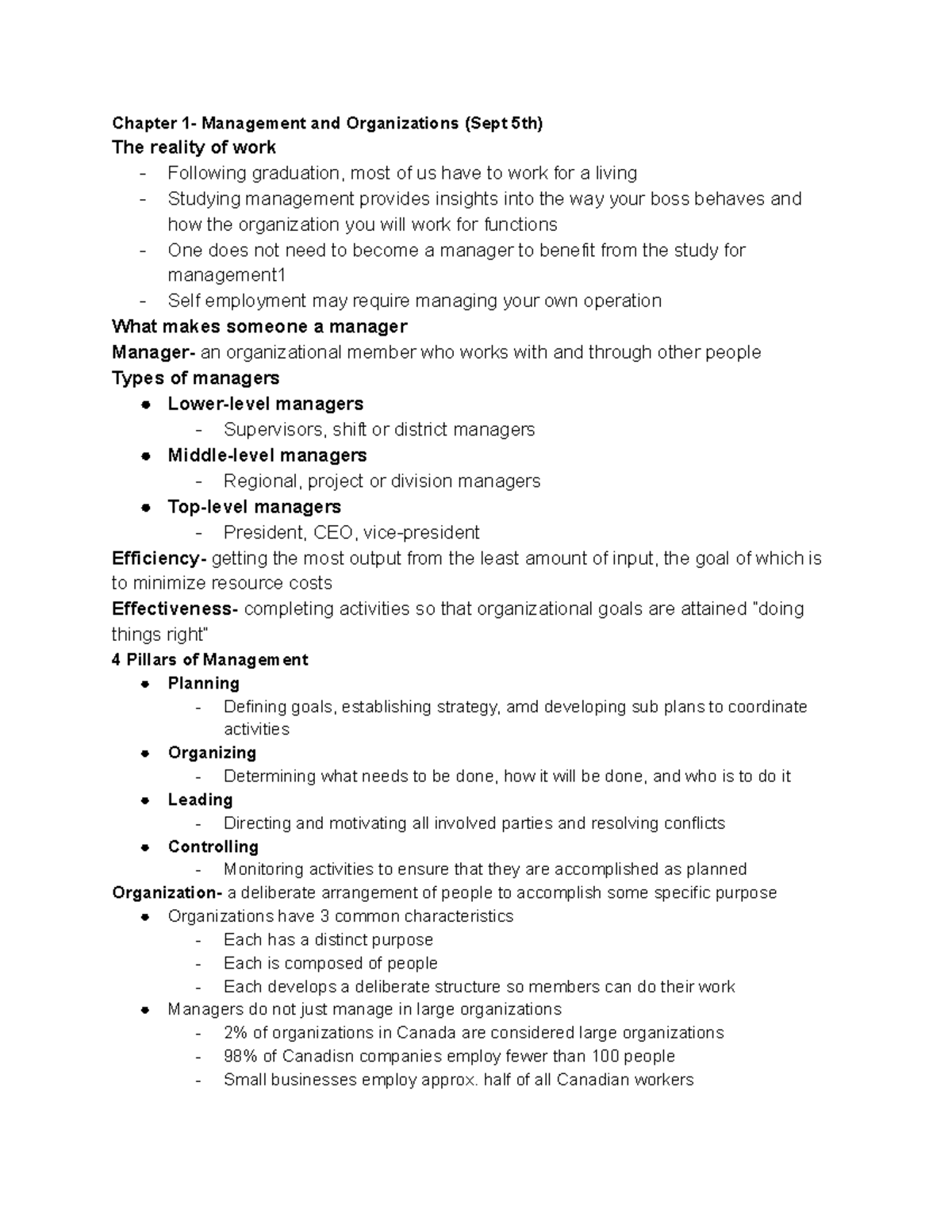 Management - notes - Chapter 1- Management and Organizations (Sept 5th ...
