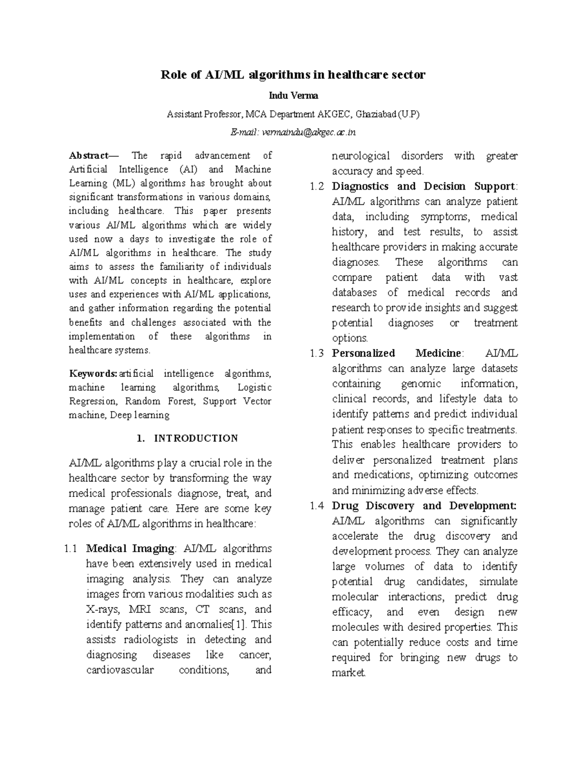 Sample Research Paper - Role of AI/ML algorithms in healthcare sector ...