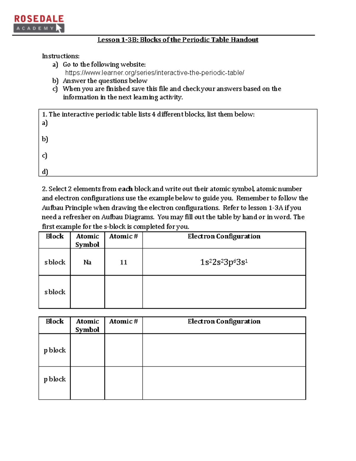 1-3B-Blocks of the Periodic Table Investigation - Lesson 1-­‐3B: Blocks ...