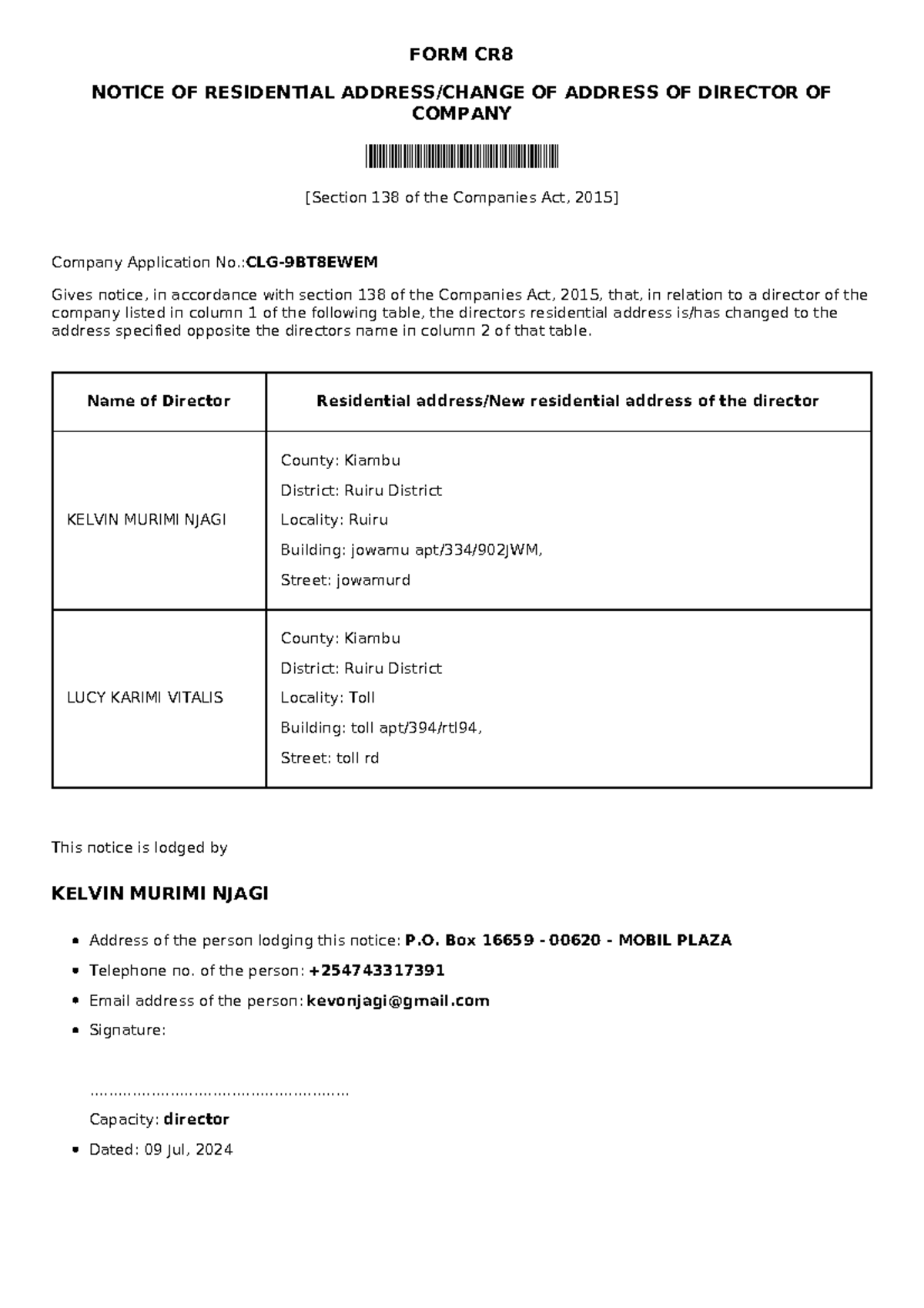 CLG-9BT8EWEM-CR 8 - CLG - FORM CR NOTICE OF RESIDENTIAL ADDRESS/CHANGE ...