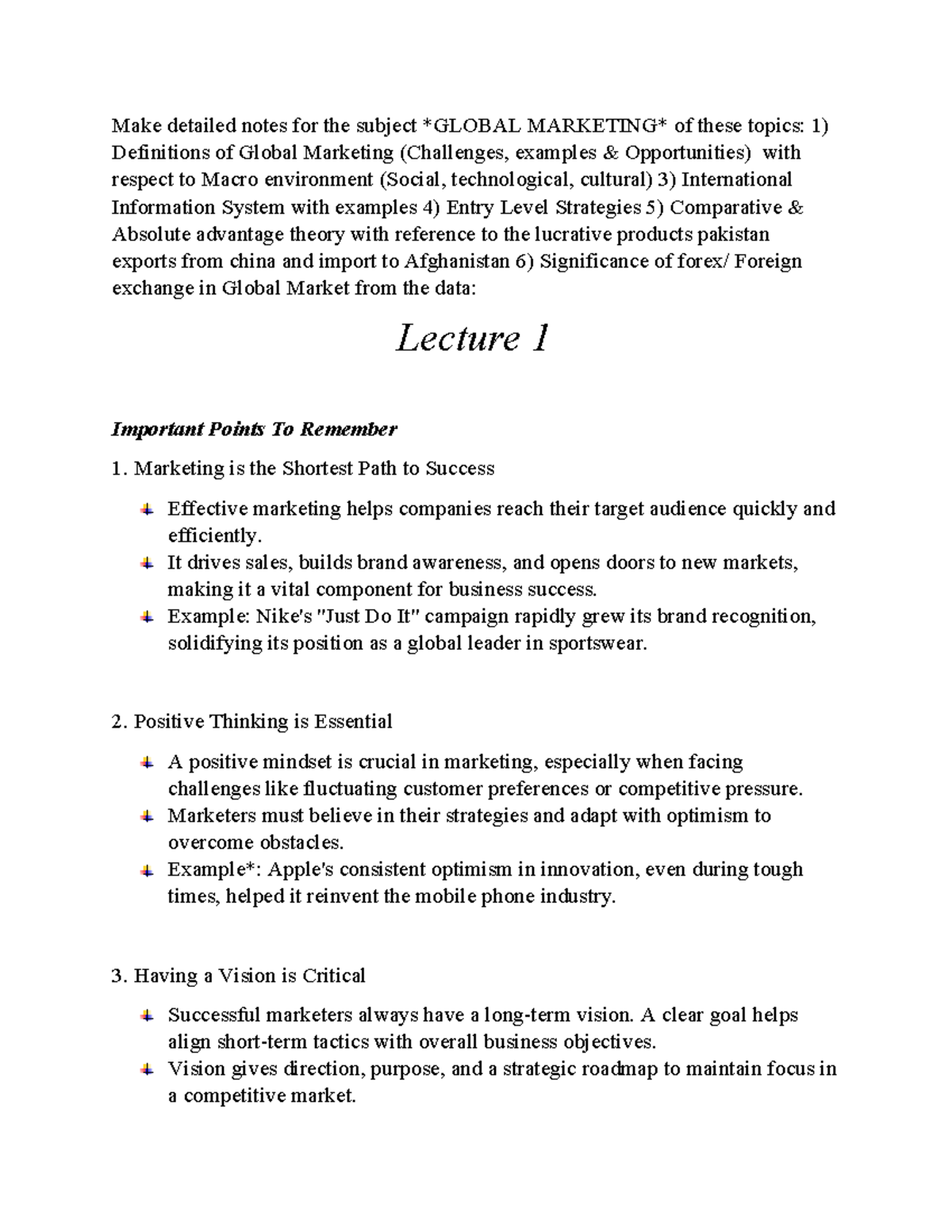 For Global Marketing Mids Notes - Make detailed notes for the subject ...