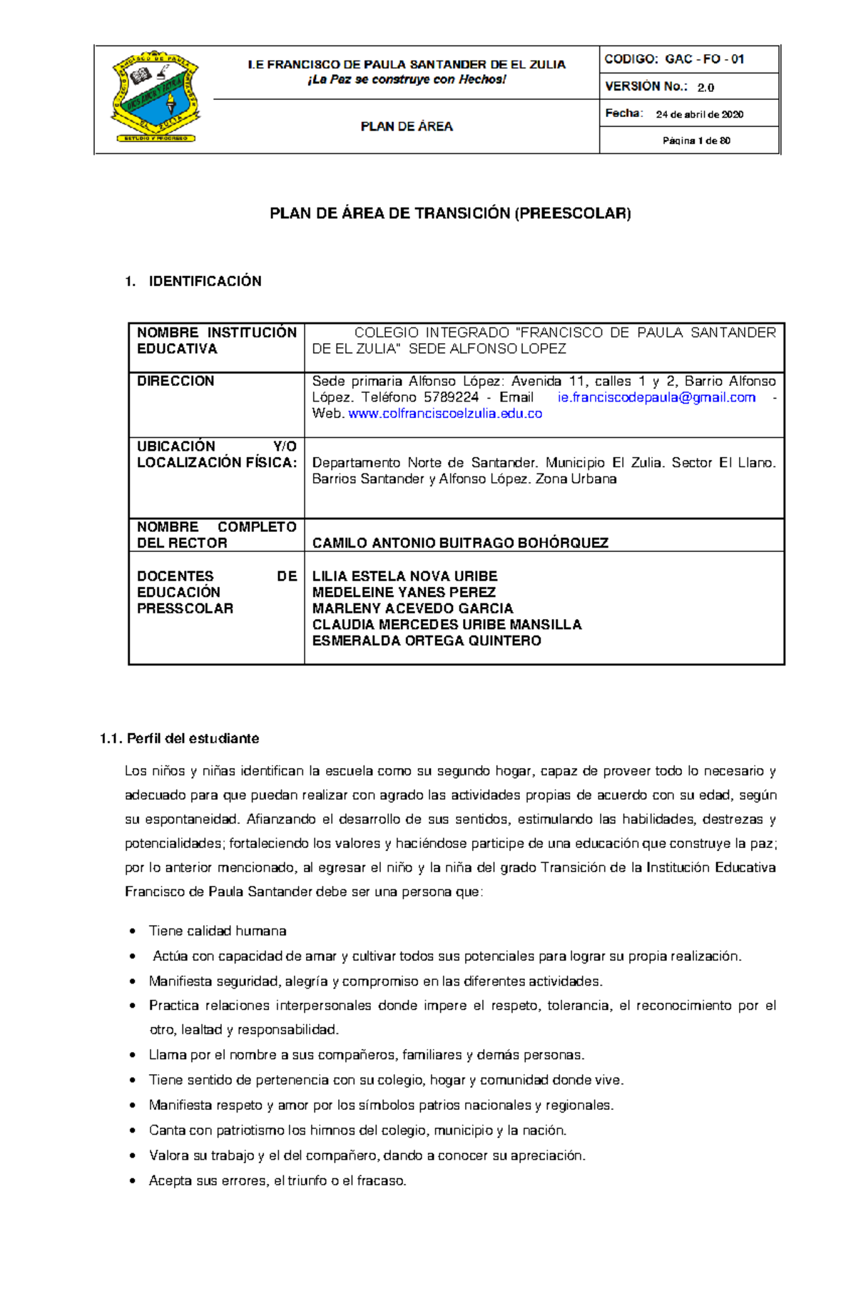 Plan de Área - Transición 2020 - 24 de abril de 2020 Página 1 de 80 ...