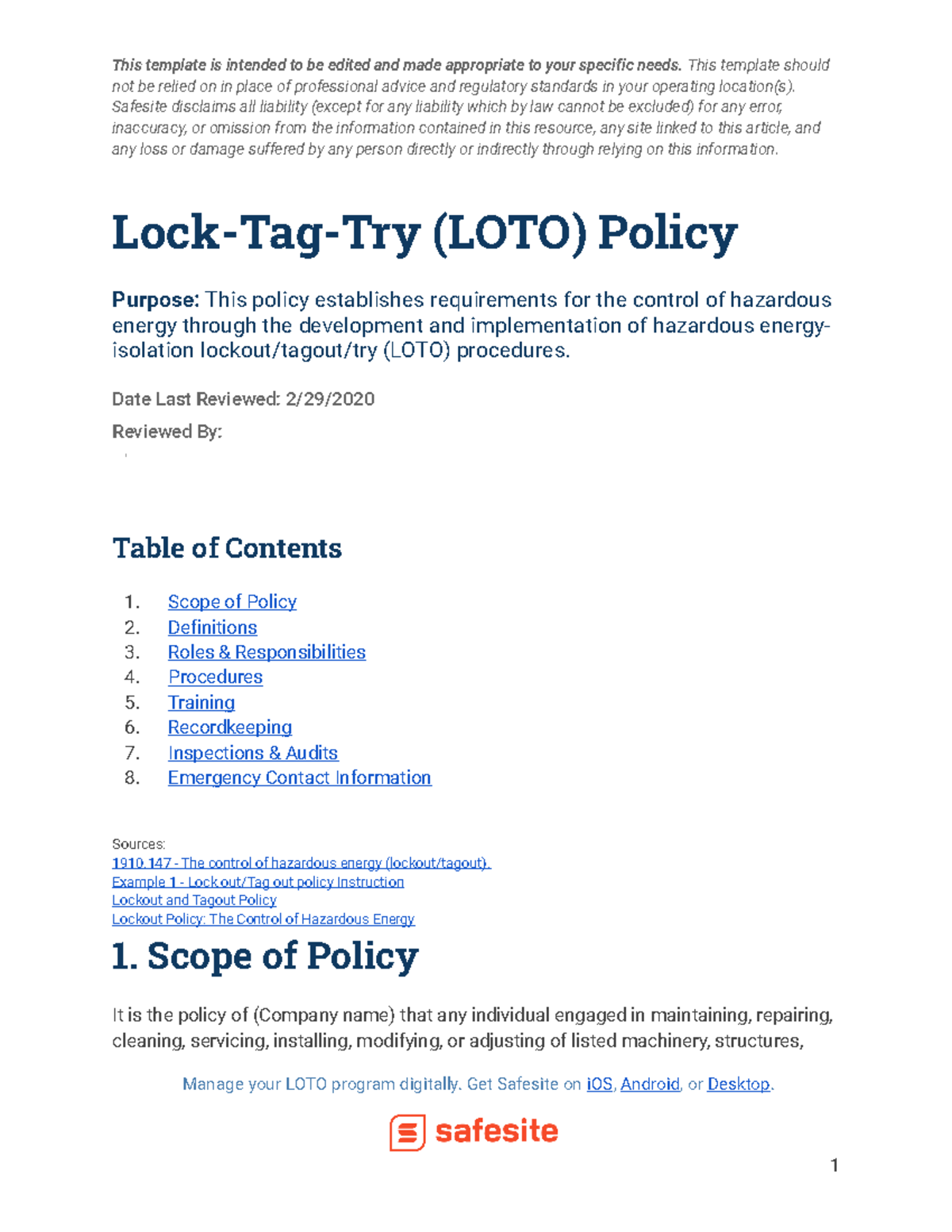 LOTO Policy Template Go to File Download to Edit - not be relied on in ...