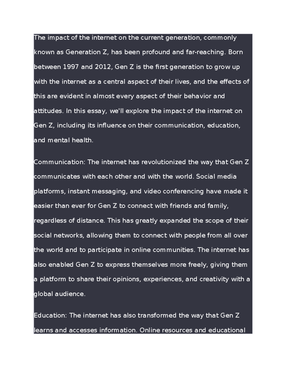 The impact of the internet on the current generation - Born between ...