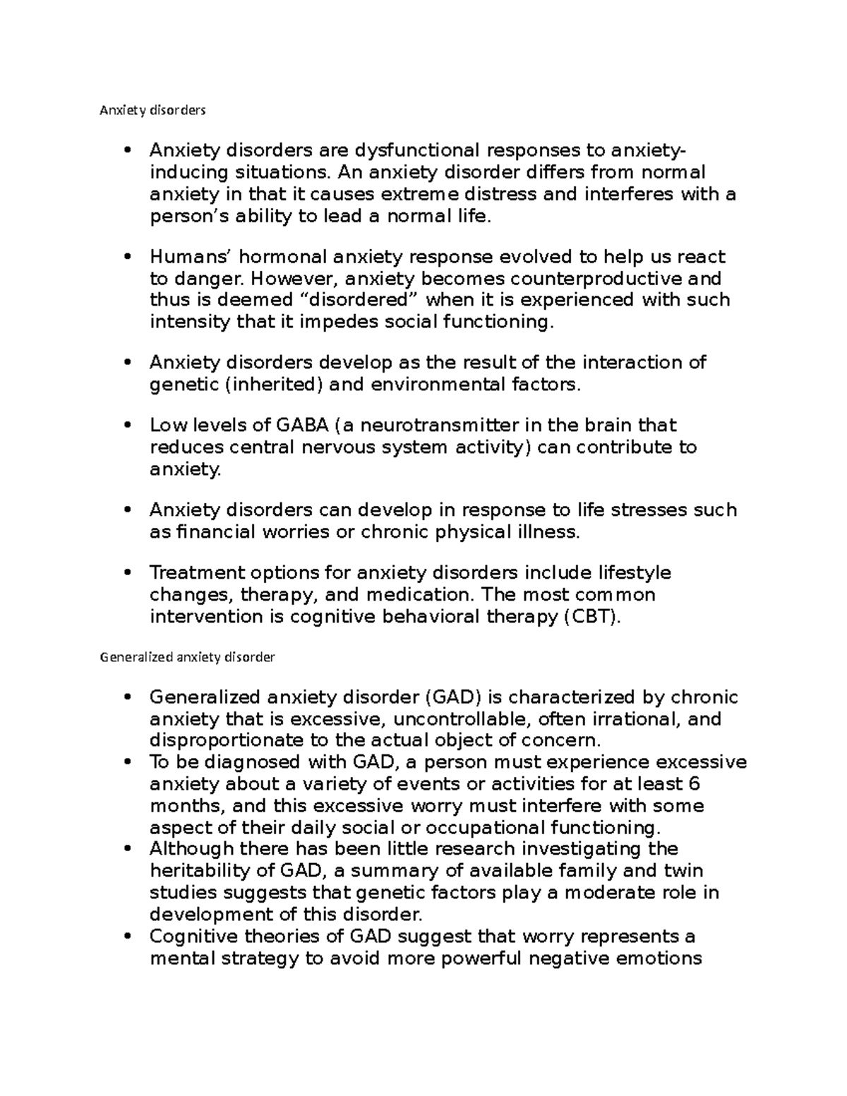 Anxiety Notes - Elaine Isbell - Anxiety disorders Anxiety disorders are ...