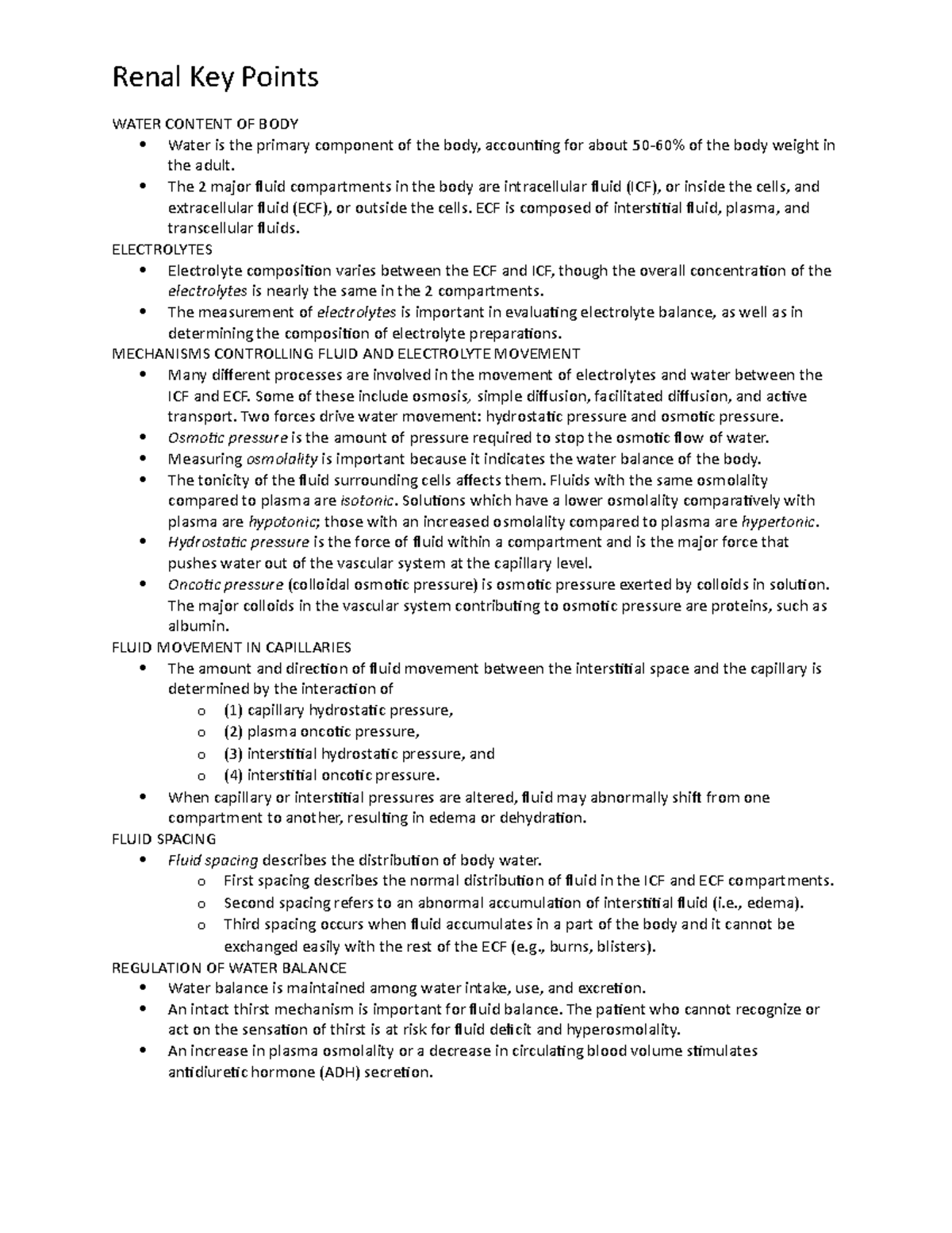 9.8.2022 - Renal Key Points - WATER CONTENT OF BODY Water is the ...