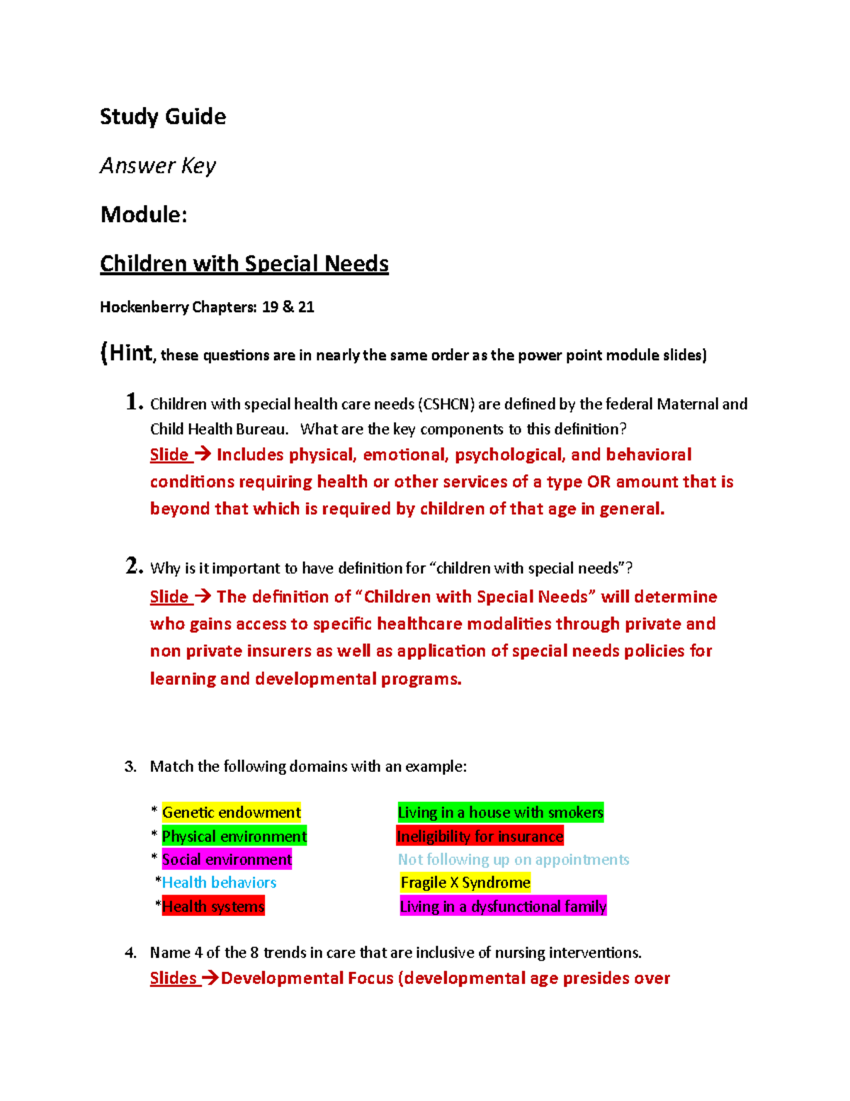 Study Guide Answer Key: Children with Special Needs - Studocu