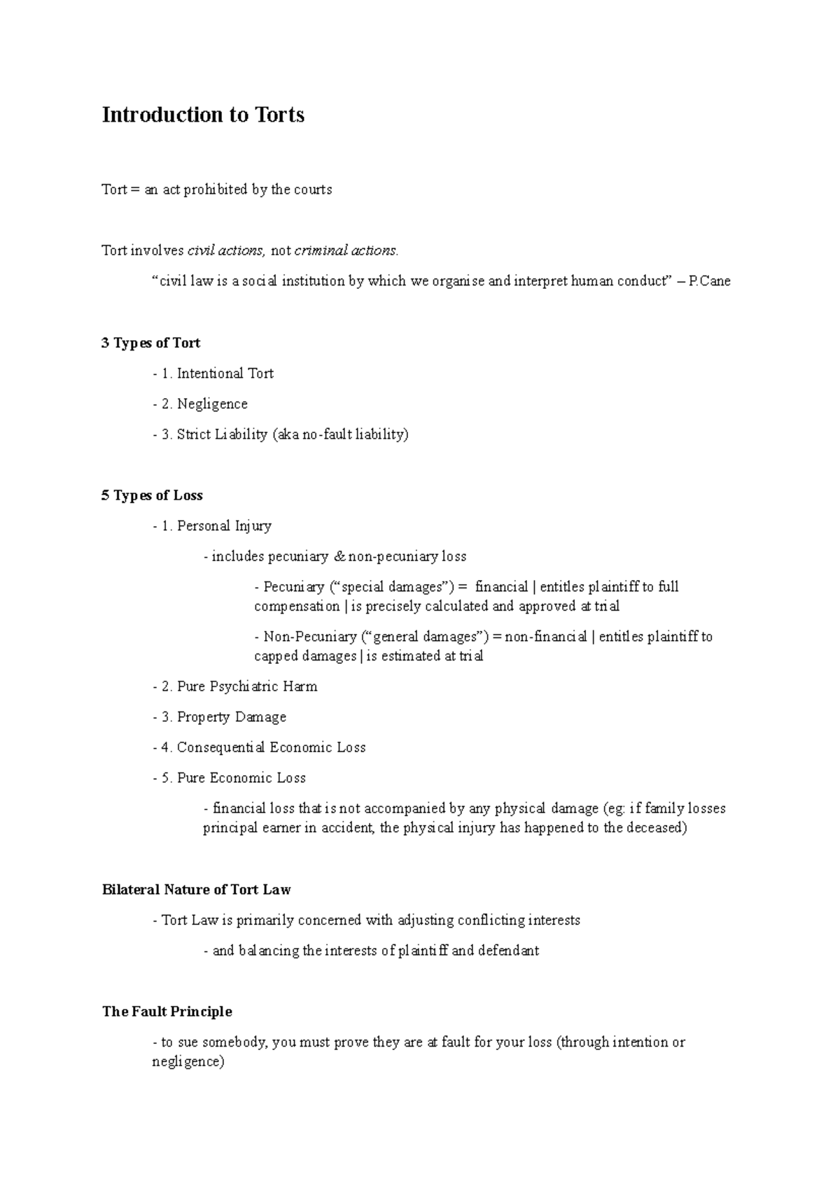 Tort Introduction Notes - Introduction to Torts Tort = an act ...