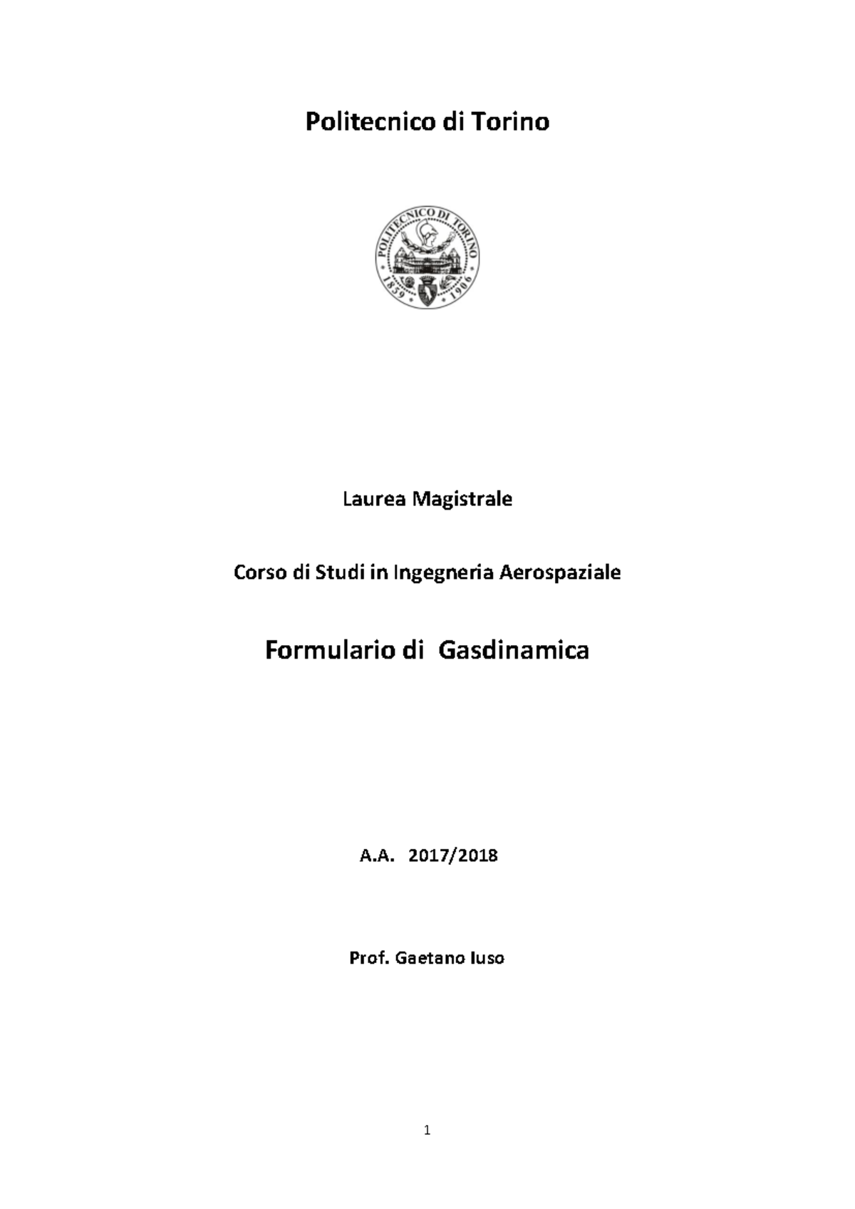 Formulario di Gasdinamica 2017 2018 - Politecnico di Torino Laurea ...
