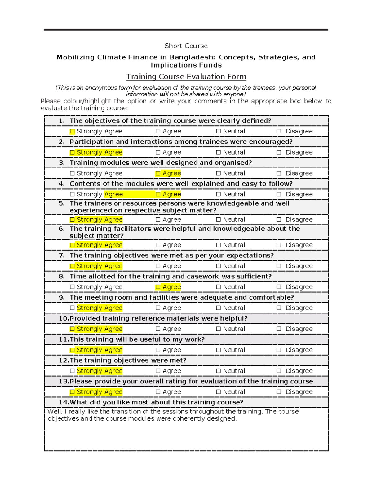 Training Evaluation Form by the Participants-filled - Short Course ...
