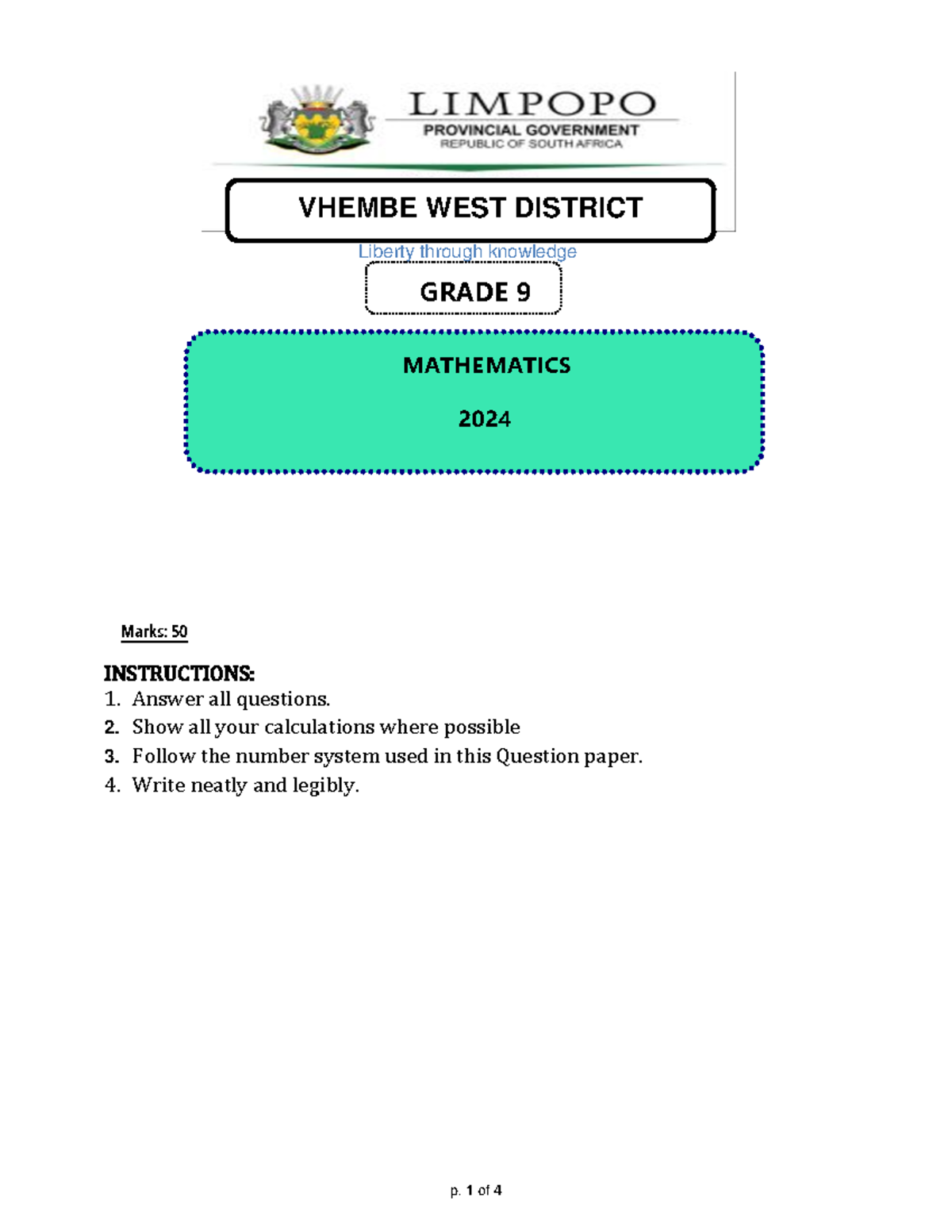 Grade 9 - njnjb - Liberty through knowledge Marks: 50 INSTRUCTIONS: 1 ...